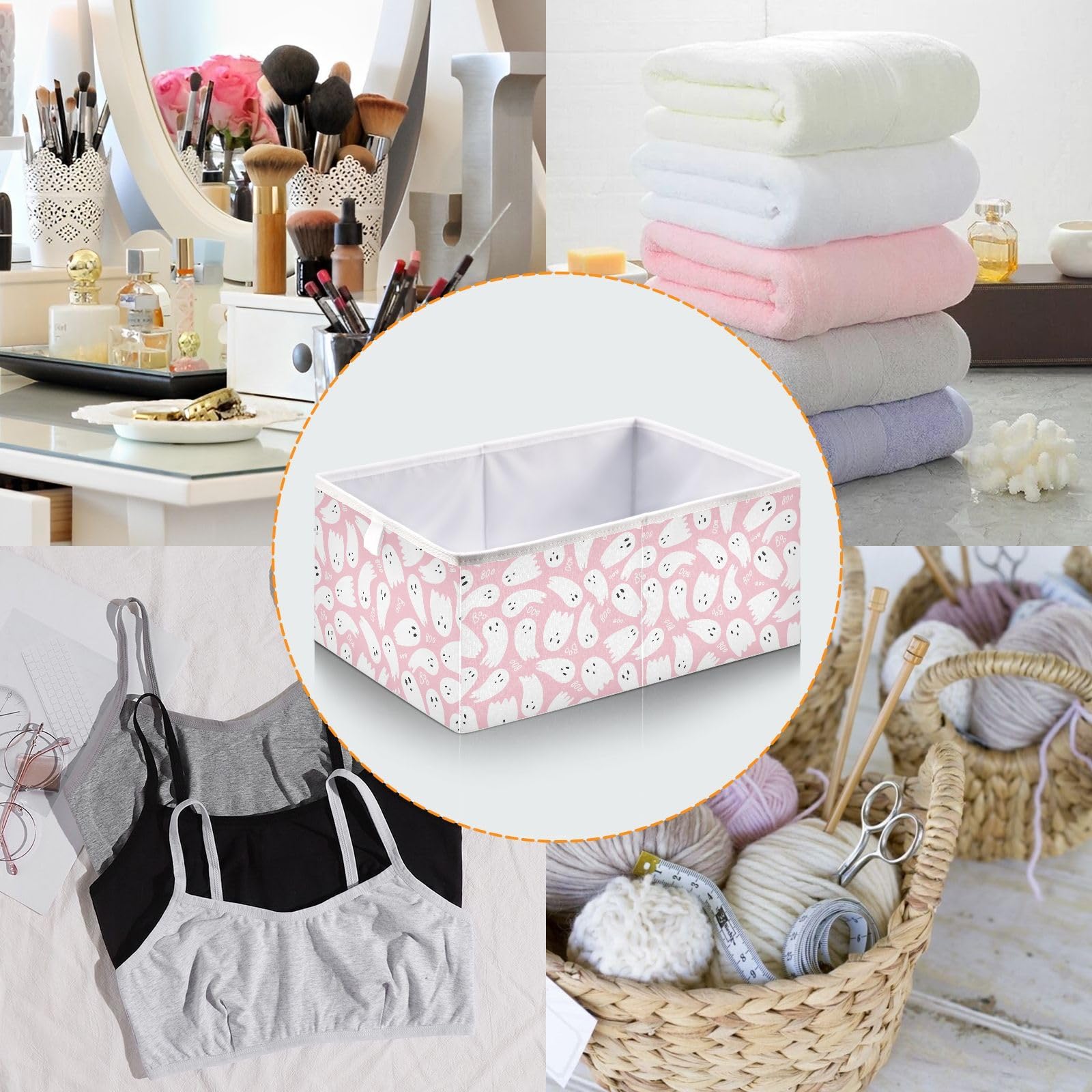 QUGRL Cute Halloween Ghost Storage Bins Organizer Boo Pink Foldable Clothes Storage Basket Box for Shelves Closet Cabinet Office Dorm Bedroom 15.75 x 10.63 x 6.96 in