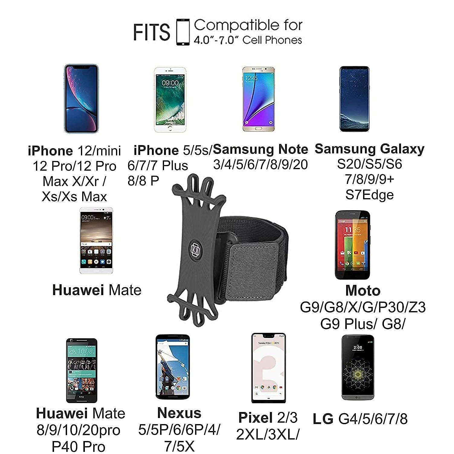 Phone Running Armband Phone Holder, 2 in 1 Arm Band Wrist Band for All iPhone All Samsung Phone All Huawei All Google Xiaomi LG (Black, fits for 4.0'' - 7.0'' Smartphone, with Free Extender Strap)