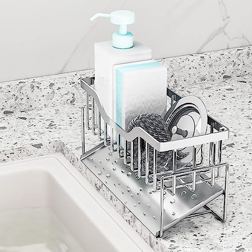 Sponge Holder for Kitchen Sink,Stainless Steel Sponge Caddy, Countertop Kitchen Sink Organizer with Drain Tray, Sponge Rack Holder for Dish Soap (Silver)