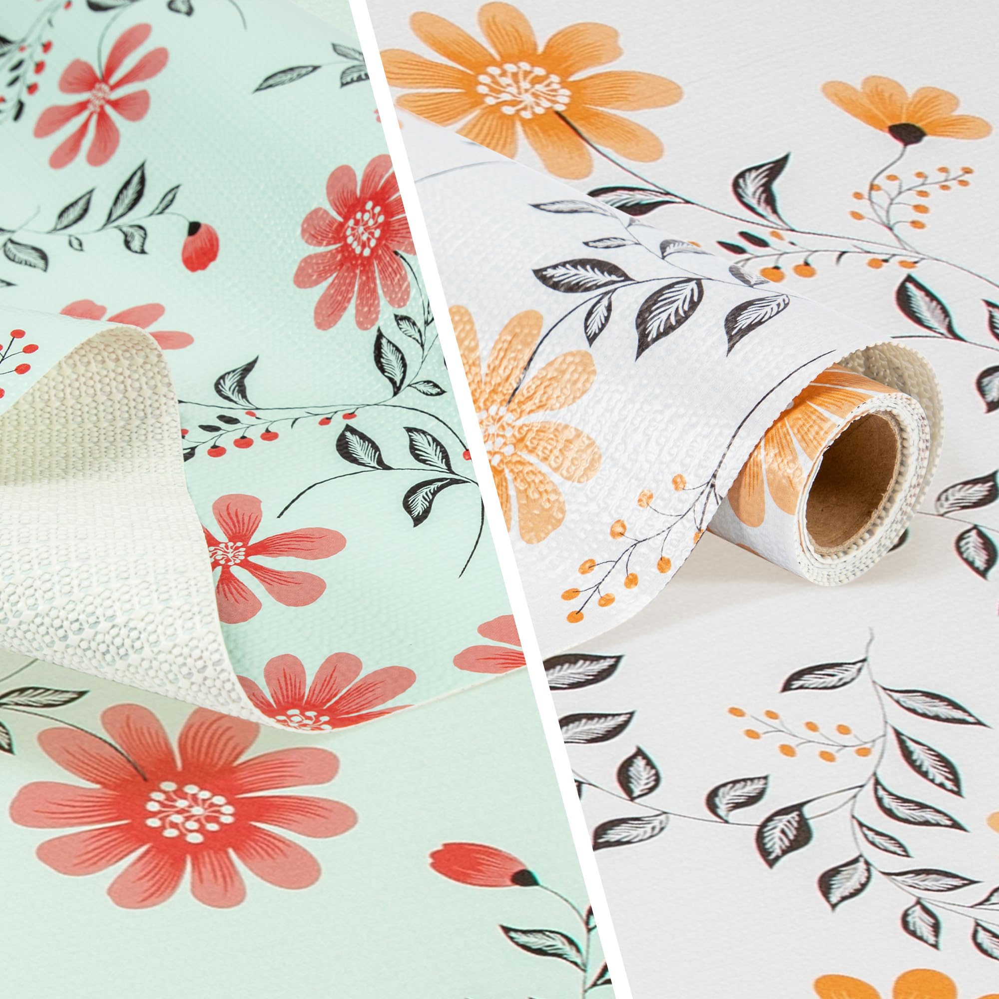 RAY STAR Shelf Liner, 12 Inch x 10 Feet Non Adhesive White Daisy Red Floral Cabinet Liner for Pantry Drawer Vanity, Strong Grip Non Slip Waterproof, Shelf Liners for Kitchen Cabinets