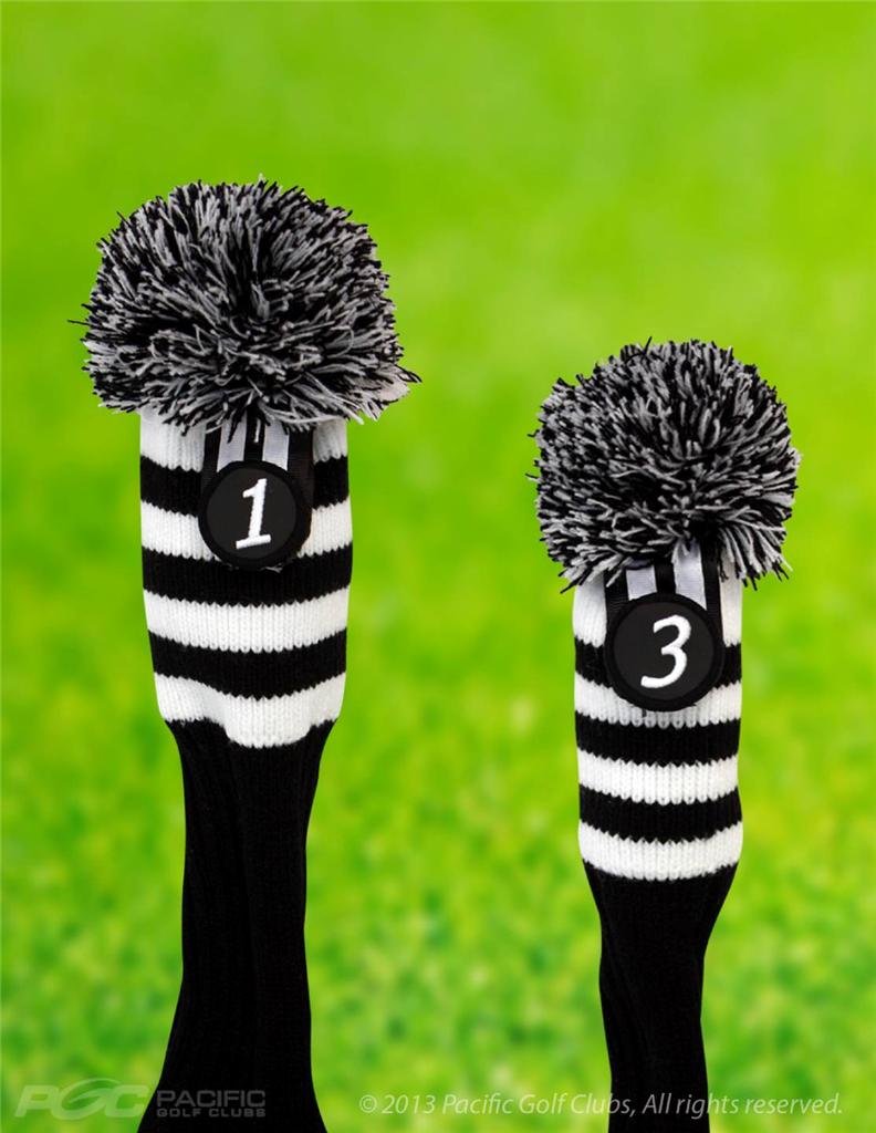 Pacific Golf Clubs Head Covers 1 3 Black and White Knit Retro Old School Vintage Stripe Pom Pom Throwback Classic