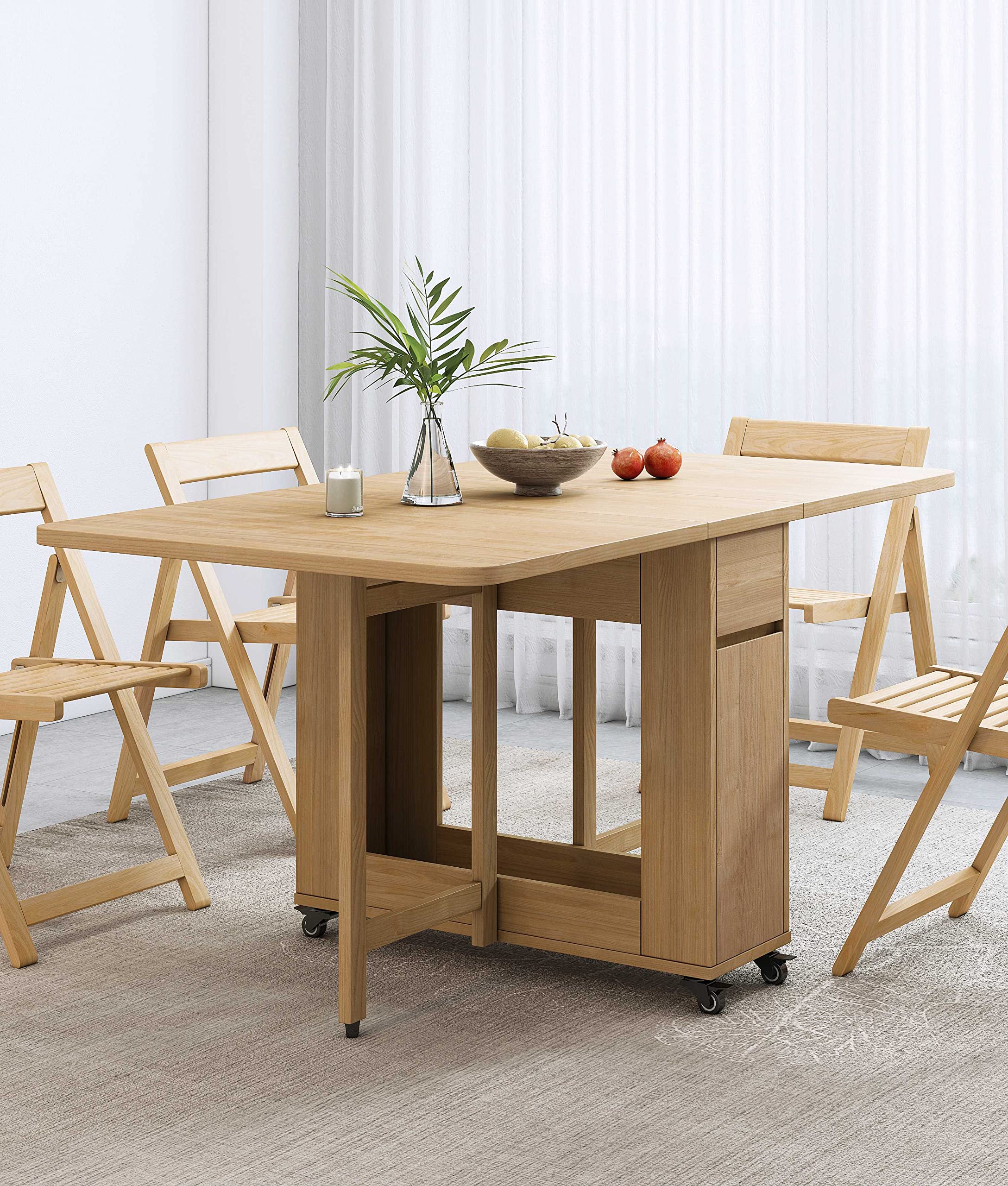 PIAQIA Folding Dining Table, Convertible Drop-Leaf Kitchen Table with Storage, Space Saving Foldable Dinner Table for 4-6, 55" W x 32" D x 29" H, Natural, 1 Table (NO Chairs Included)