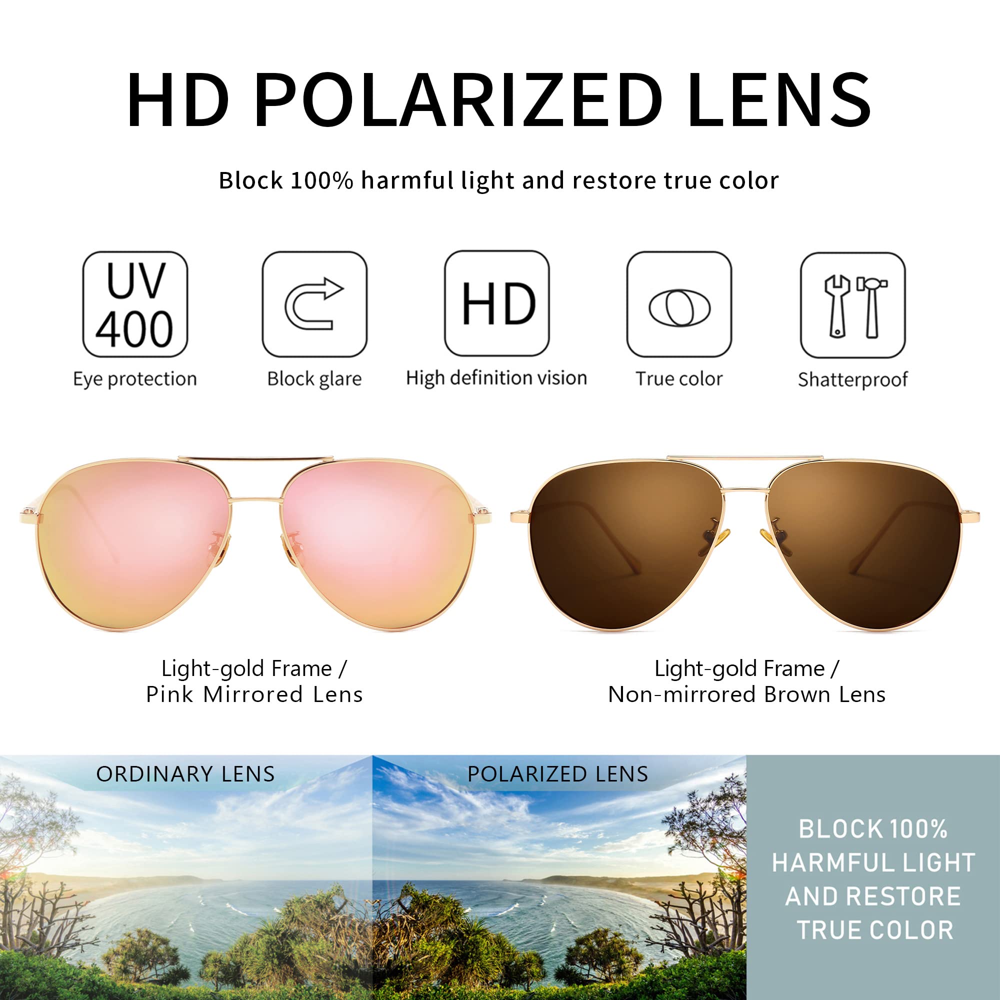 SUNGAIT Aviator Polarized Sunglasses UV400 Protection for Men Women - Full Metal Spring Hinge (Black Frame/Grey Lens, 60) SGT606-HH