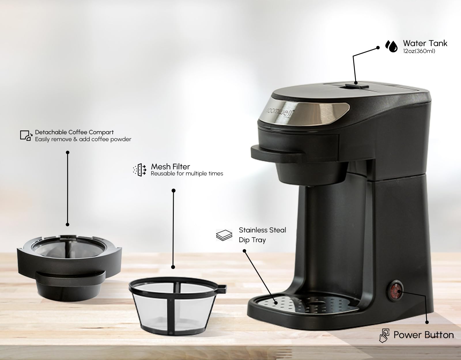 roomwell Single Serve Coffee Maker - 12 oz Stainless Steel Portable Drip, Reusable Mesh Filter, Ground Compatible, Non-Pod Mini Coffee Maker - Ideal Coffee Machine for College & Coffee Lovers,Black