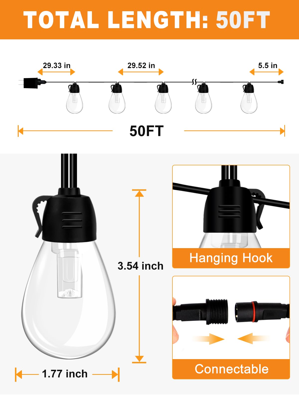 Plbriyu 50FT Outdoor String Lights with Shatterproof, Patio Lights with 20 Waterproof Bulbs,2700K Dimmable Outside Lights,Decorative for Yard Porch Garden