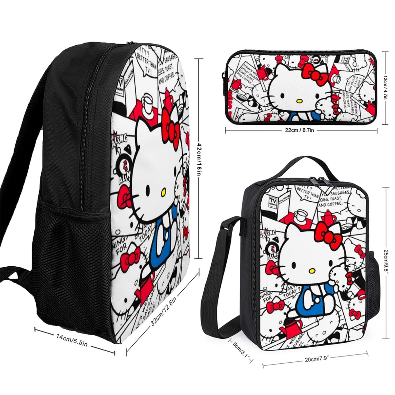 SKYWOK Cute Backpack Set with Lunch Bag and Pencil Case, 3PCS Cartoon Backpack Sets for Girls Boys Black-1