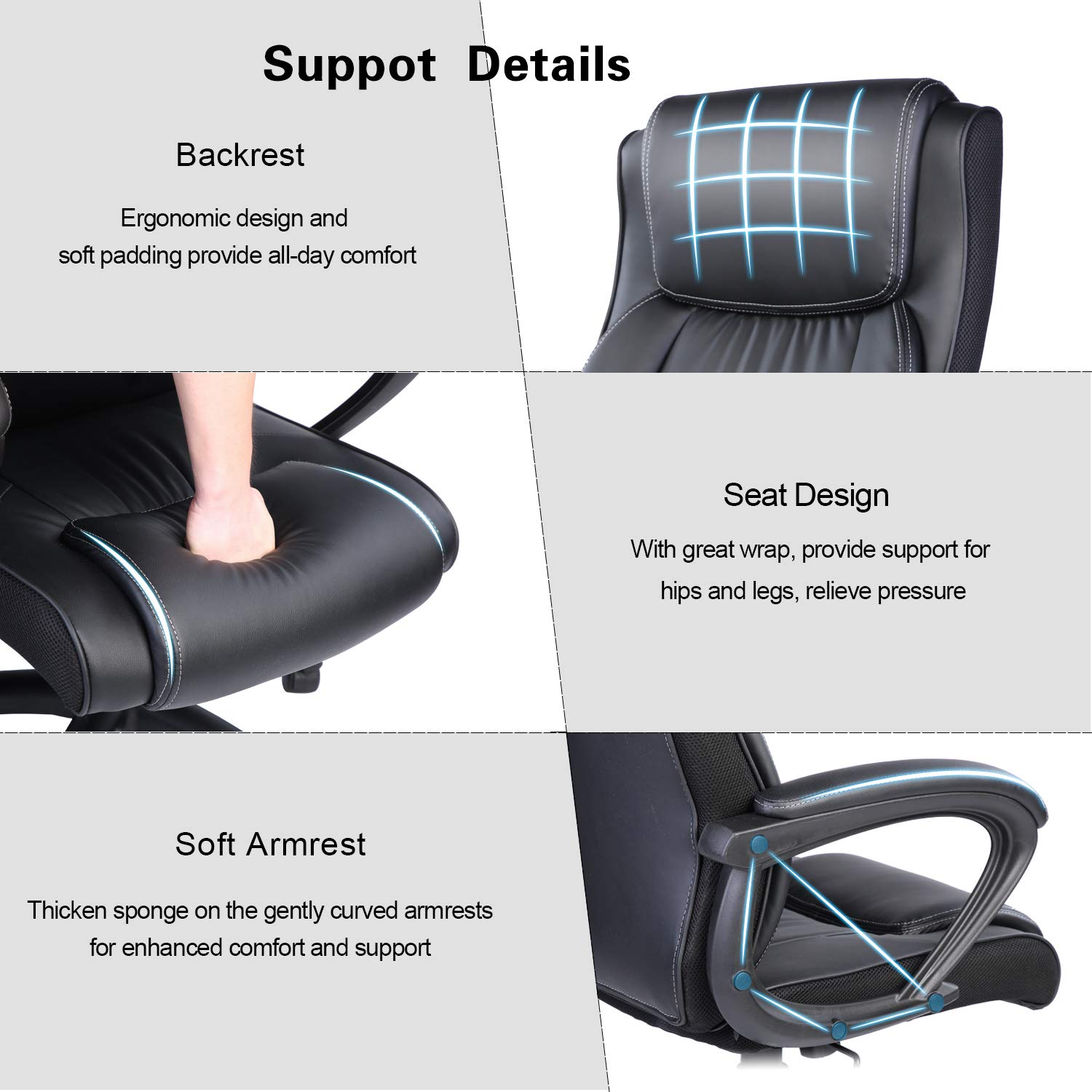 Qulomvs Executive Office Chair with arms High Back Computer Ergonomic Desk Chair 300lbs PU Leather Task Chair 360 Swivel with Wheels (Black)