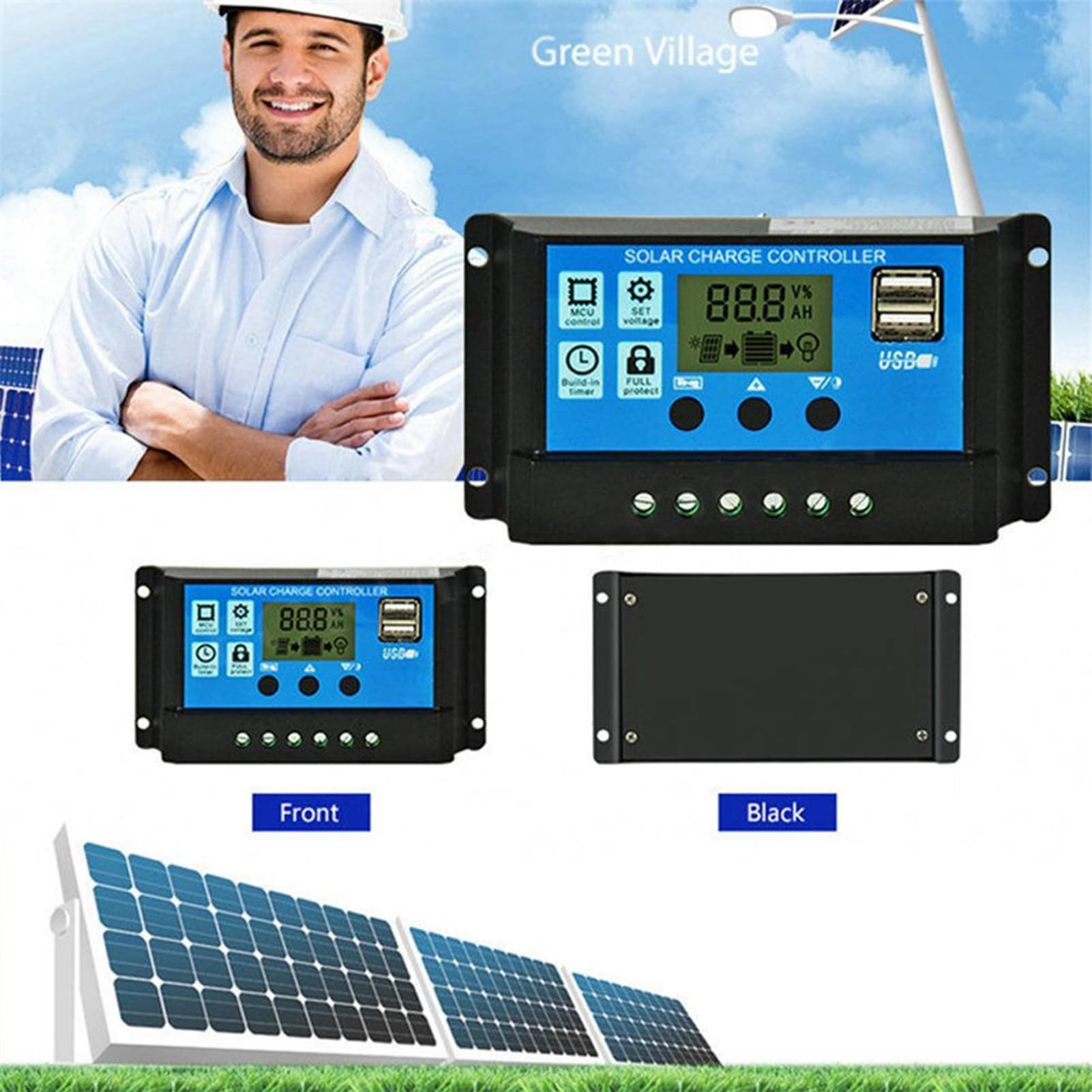 Qmisify Solar Kit, ABS 18W 12V Solar Panel 300W Inverter Charger, DC 12V to AC 110V/220V Solar Converter 30A Controller with 2 USB Ports and LED Display
