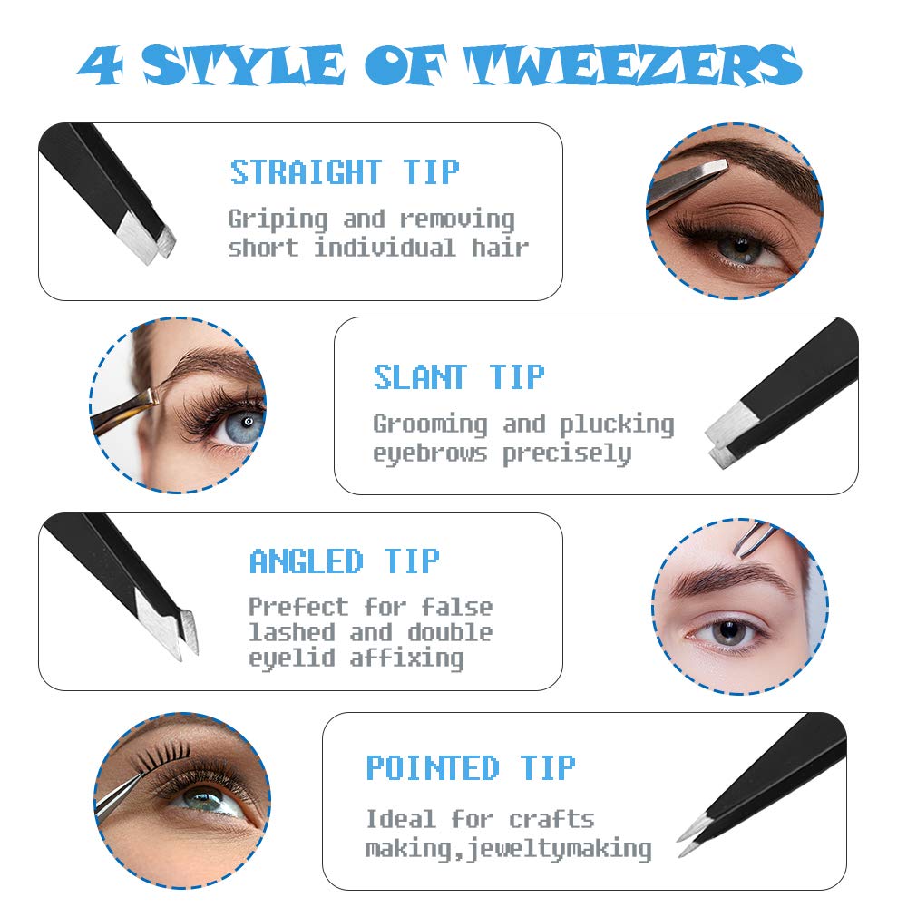 Professional Tweezers Set, ABOLINE 4 Pack Precision Tweezers For Eyebrows,Professional Slant Tip Tweezer Set for Hair Remove with Leather Travel Case(Black)