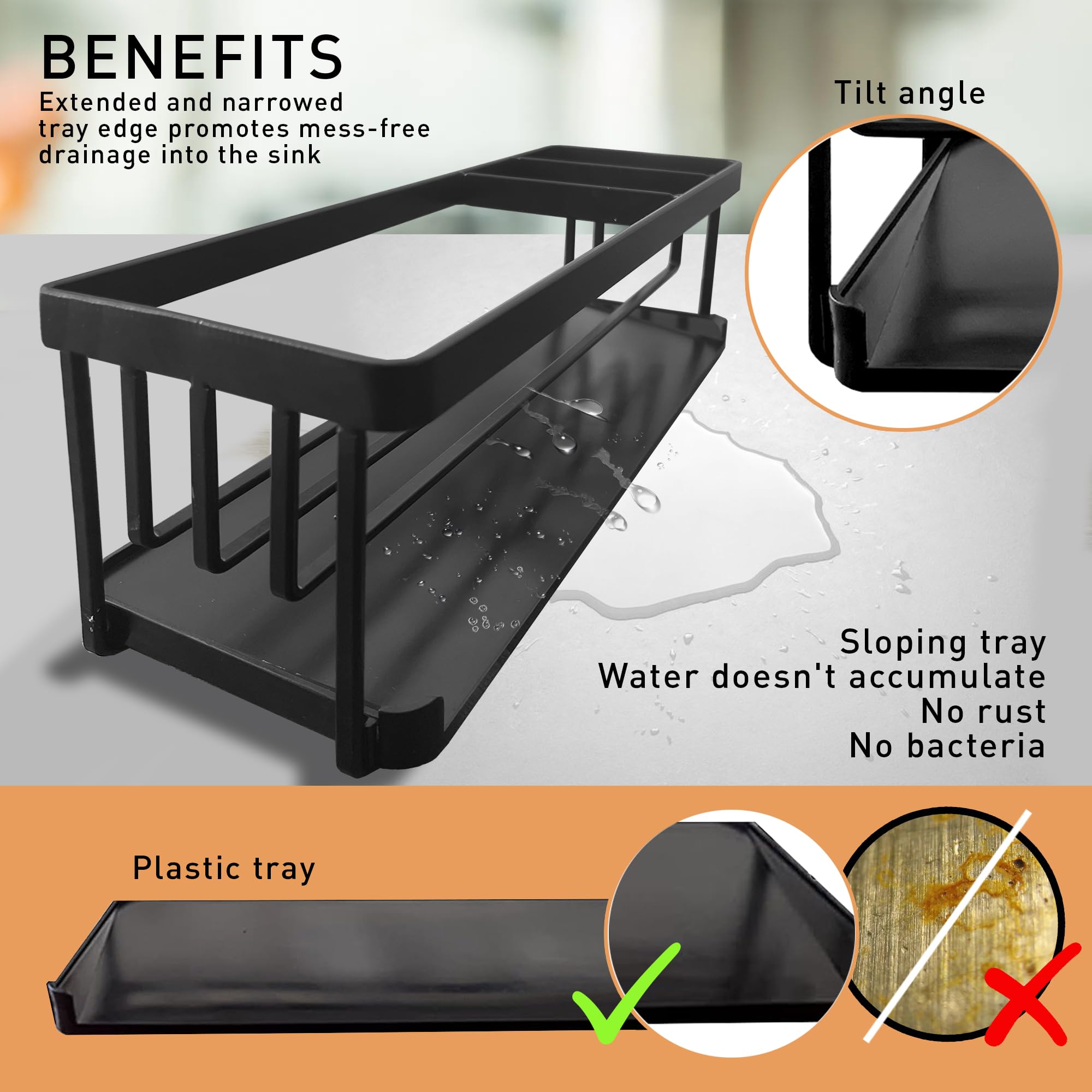 Sink Caddy Organizer with Steel Wool Brush Included, Sponge Organizer for Kitchen Sink, Dish Soap and Sponge Holder for Kitchen Sink, Kitchen Sponge Organizer with Auto Drain Train