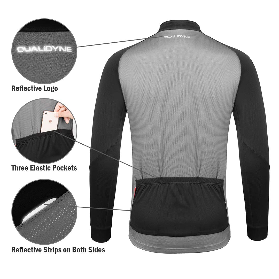 qualidyne Men's Cycling Jersey Long Sleeve Bike Biking Shirts Full Zipper Bicycle Tops with Pockets