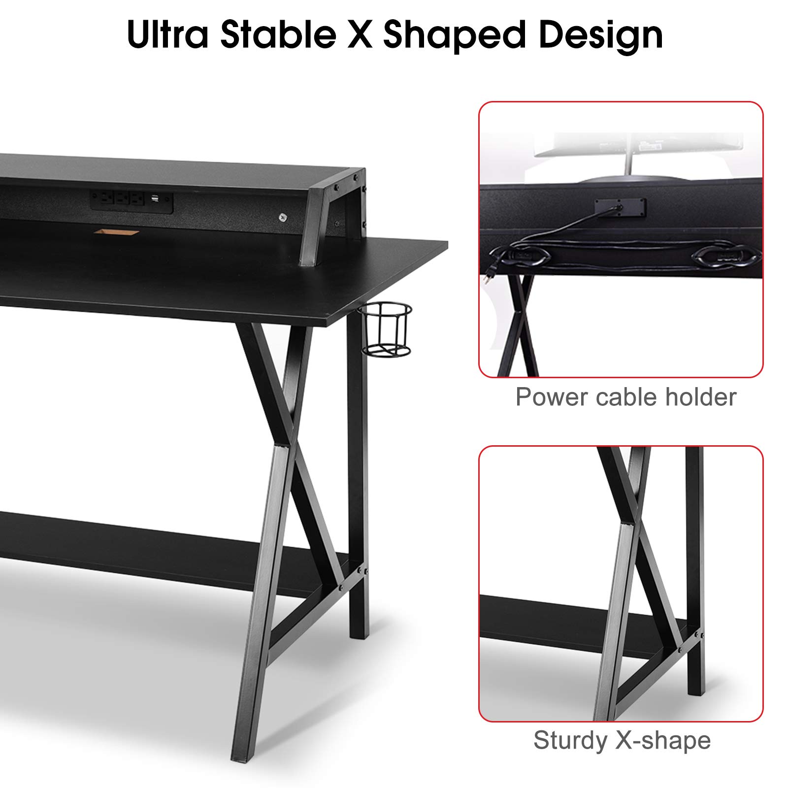 POWERSTONE Gaming Desk - 46” Gaming Computer Desk Office Desk Racing Style PC Gamer Desk Large Writing Workstation Black Home Table