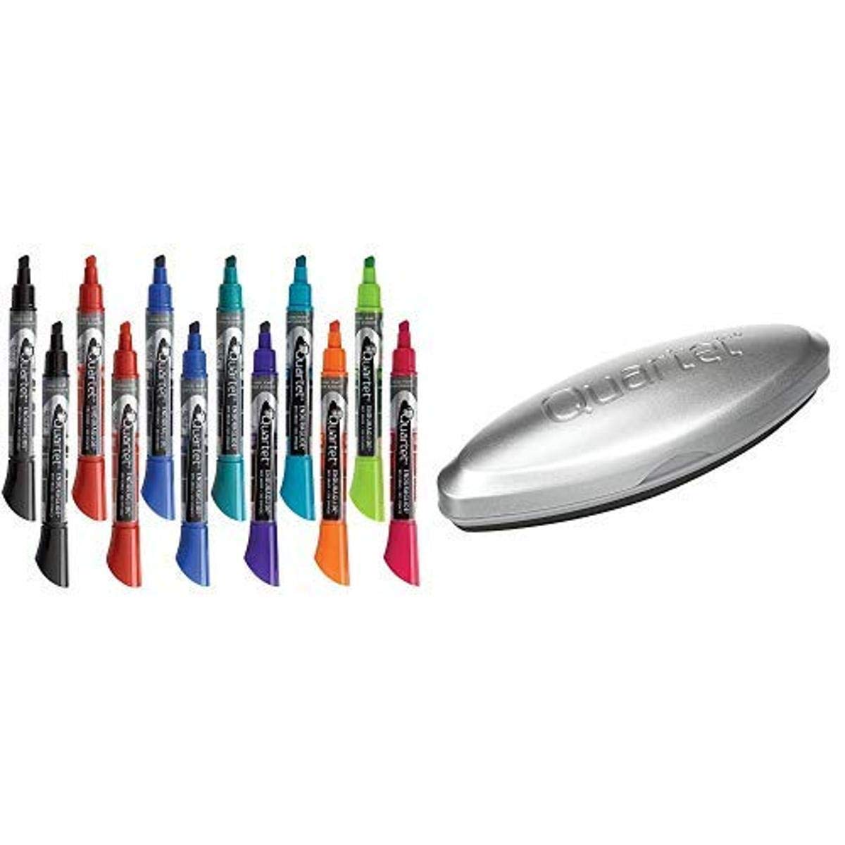 Quartet Dry Erase Markers, Whiteboard Markers, Chisel Tip, EnduraGlide, BOLD COLOR, Assorted Colors, 12 Pack (5001-20MA) AND Glass Whiteboard Eraser, Premium, Magnetic, Silver (SFEB3)
