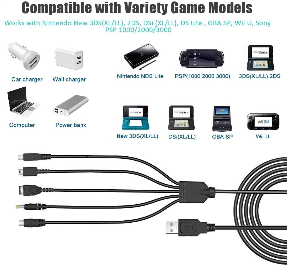 RUEIURI 2 Pack 5 in 1 USB Charger Cable for DS Lite/Wii U/New 3DS XL,3DS XL,2DS,Dsi XL,NDS/GBA SP(Gameboy Advance sp),PSP 1000 2000 3000