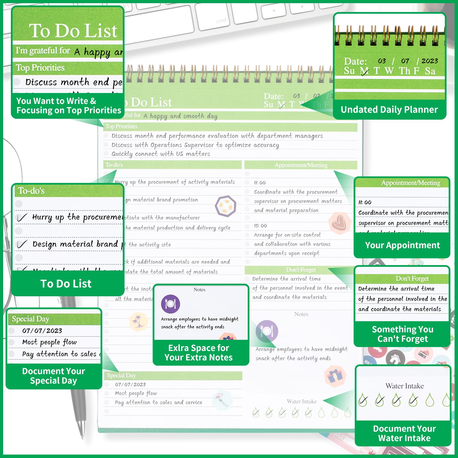 Smliekate To Do List Notepad, Undated To Do List Notebook, 52 Sheets (11.5" x 8.4") Spiral Bound Tear Off Daily Planner Student Planner and Work Planner - Green