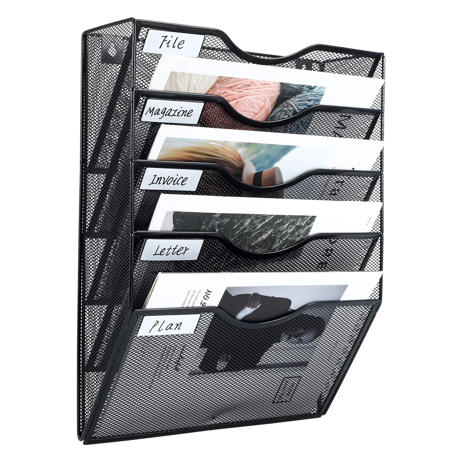 PAG Hanging Wall File Holder Mail Organizer Wall Mount Document Letter Rack, 5-Tier, Black