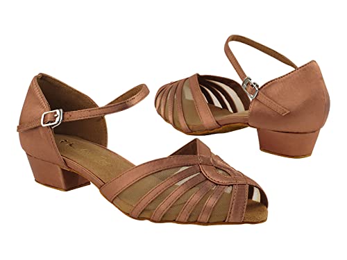 Very Fine Dancesport Shoes - Ladies' Salsa, Latin, Practice Ballroom Dance Shoes 2719FT 1-inch Flat Heel (Tan Satin & Flesh Mesh, Size 8.5)