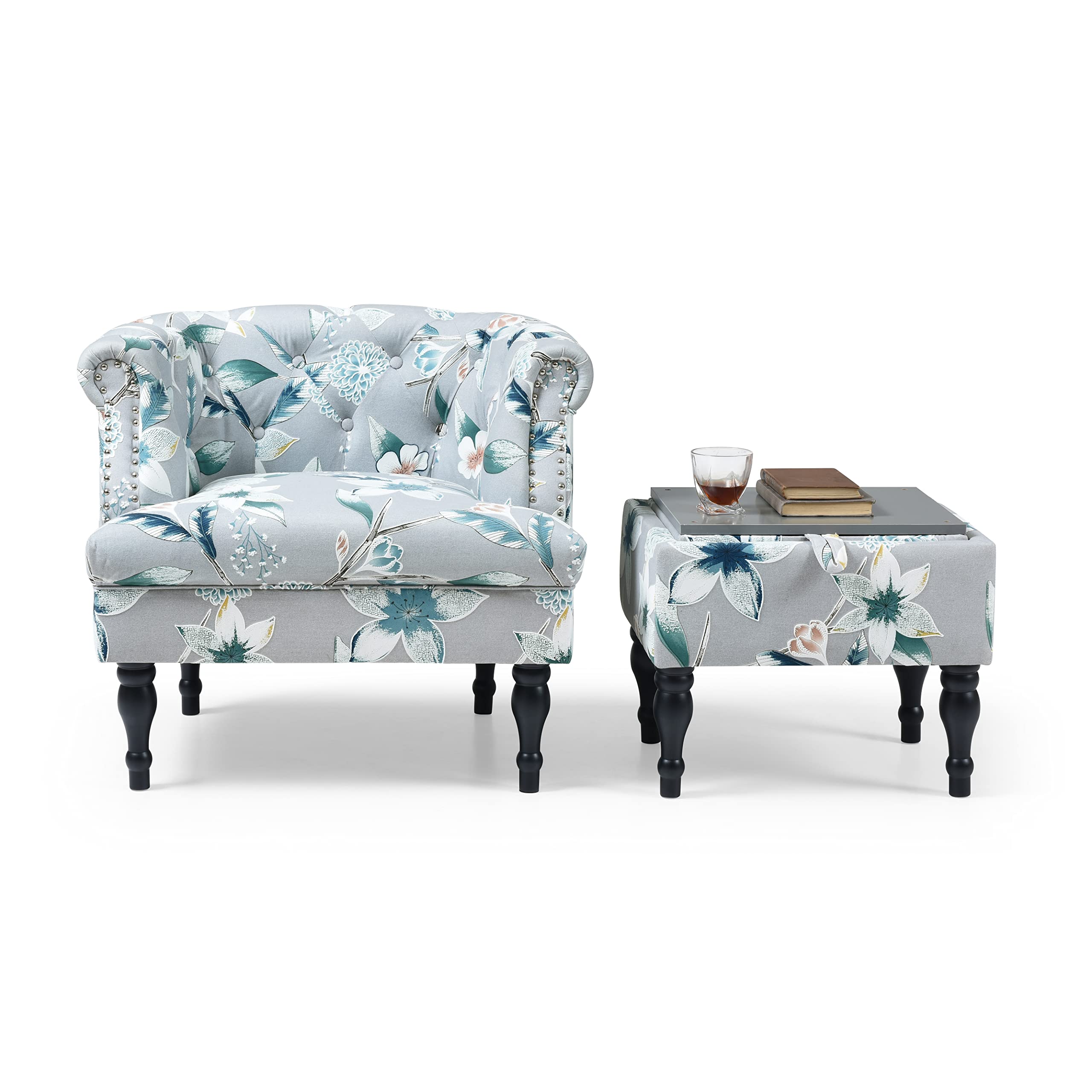 Upholstered Velvet Accent Chair with Ottoman Set for Living Room Modern Button Tufted Arm Chair and Storage Ottoman with Tray Contemporary Single Sofa Reading Chair Footrest Stool (Flower)