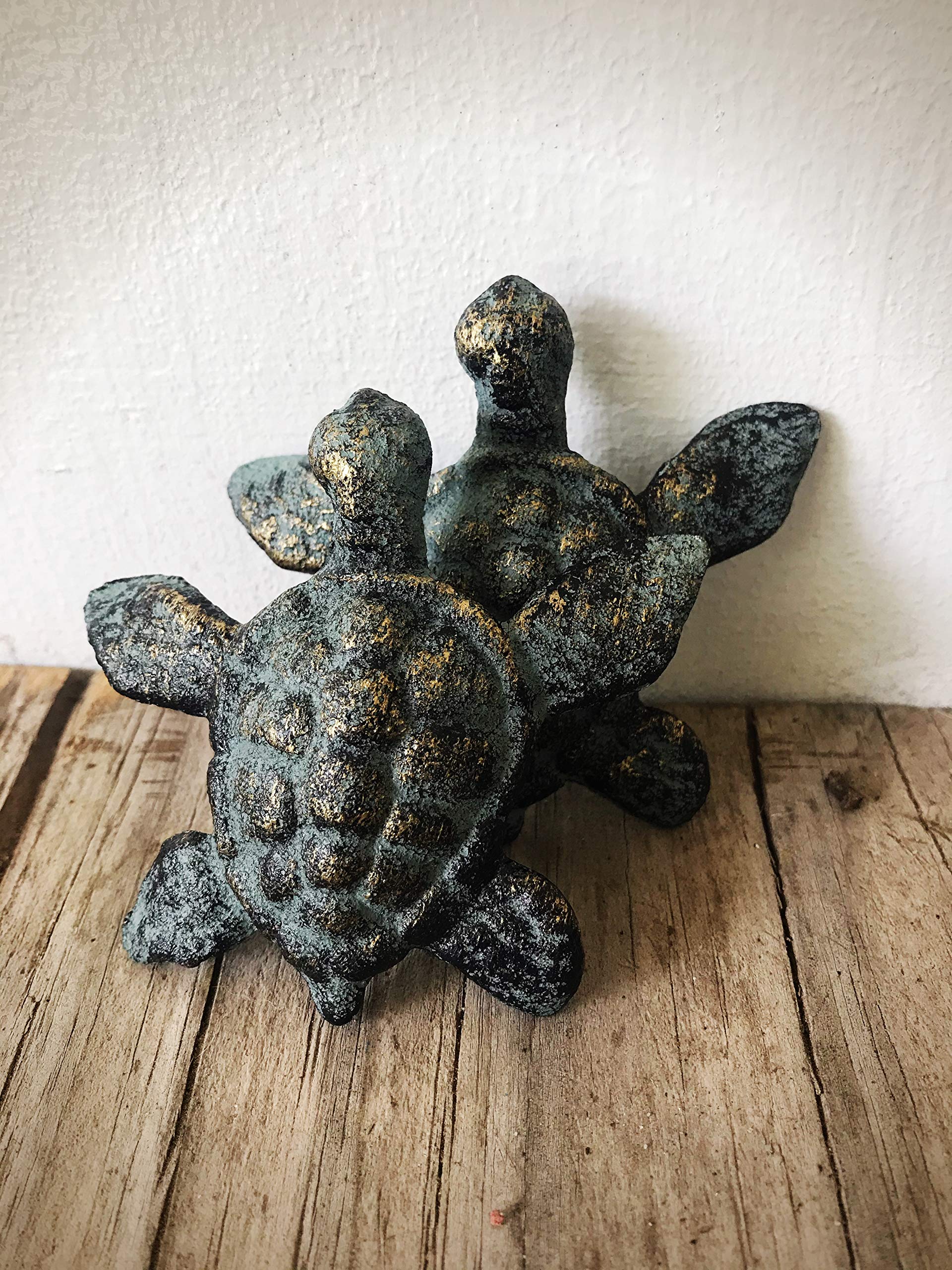 Set of Patina Green & Gold Turtle Garden Figures - Cast Iron Statue for Patio Planter or Pot Accent