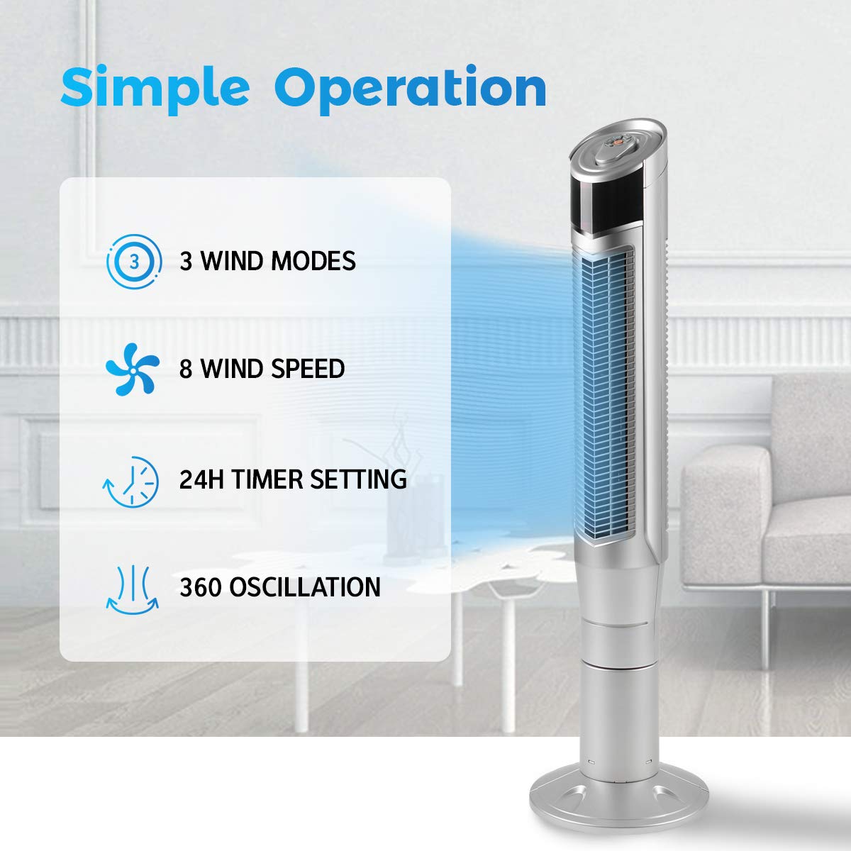 R.W.FLAME Tower Fan, 360° Oscillating Standing Fan Room Fan Portable Bladeless Quiet Floor Fan with Remote, 8 Speeds, 3 Modes, 24H Timer for Bedroom and Home Office Use (47-inch, SILVER)