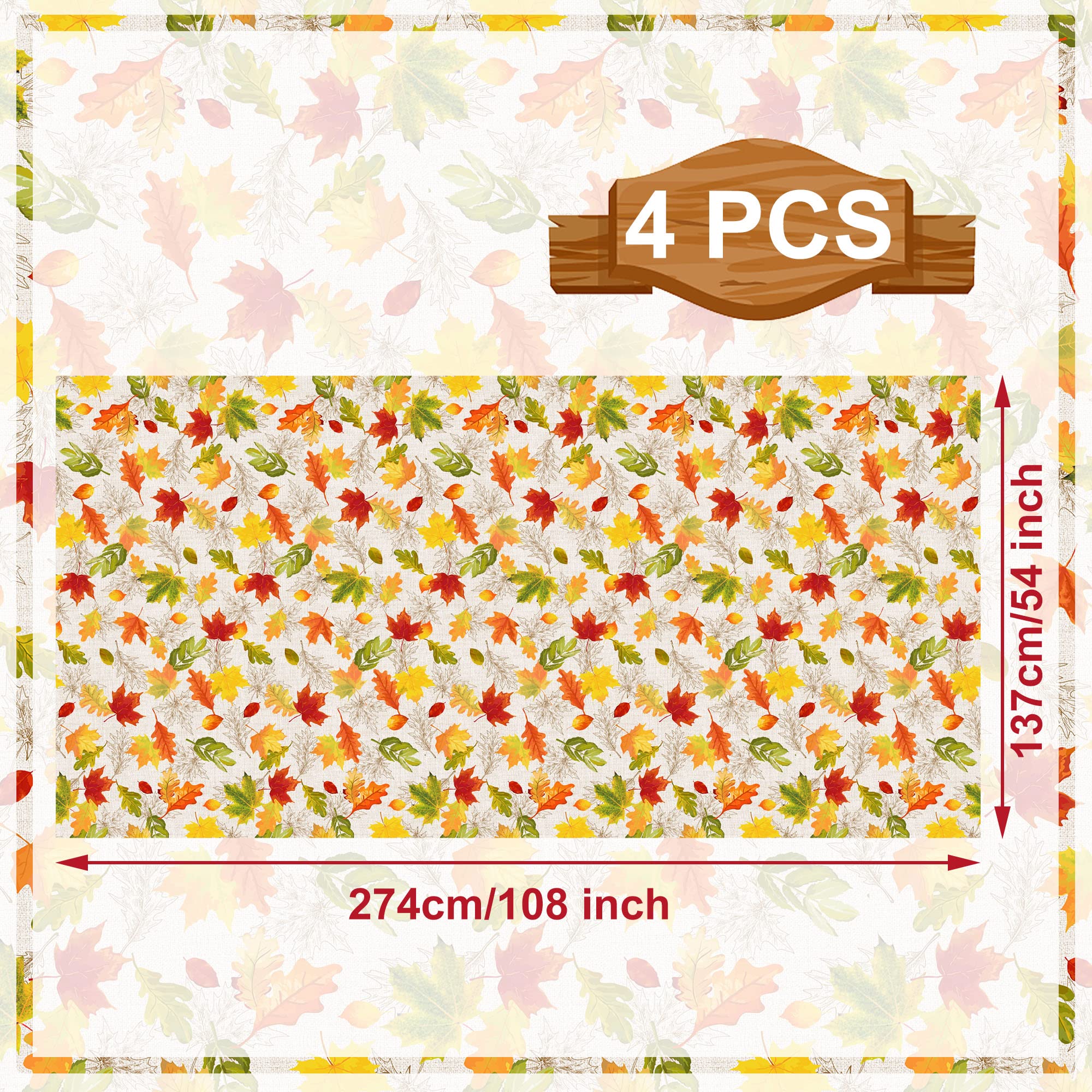 peony man 4 PCS Fall Leaves Tablecloths Plastic Maple Table Covers Disposable Rectangle Autumn Party for Thanksgiving Kitchen Dining, 54 x 108 Inch
