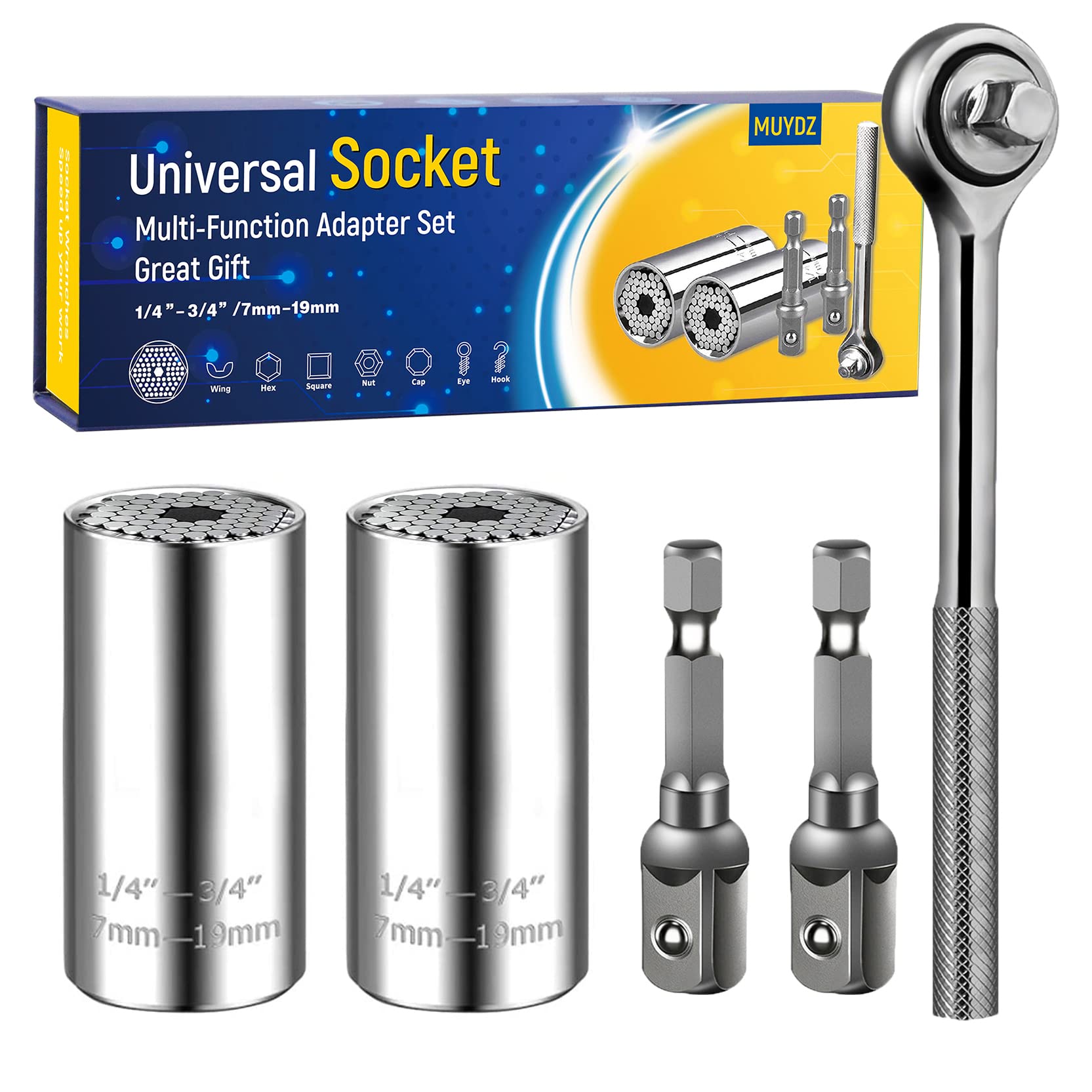 MUYDZ Super Universal Socket Wrench Tools Grip Multi Function Ratchet Wrench Power Drill Bit Adapter 1/4"-3/4" (7mm-19mm) 5Pc Set Professional Repair Tools Gifts for Dad Men Christmas Fathers Gift