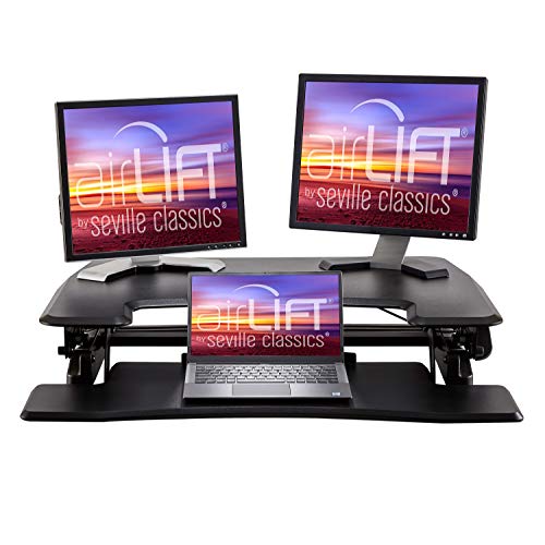 Seville Classics Airlift Height Adjustable Sit Converter Workstation Standing Ergonomic Dual Monitor Riser Keyboard Tray & Phone/Tablet Holder, Cut-Out Desk 35", Black