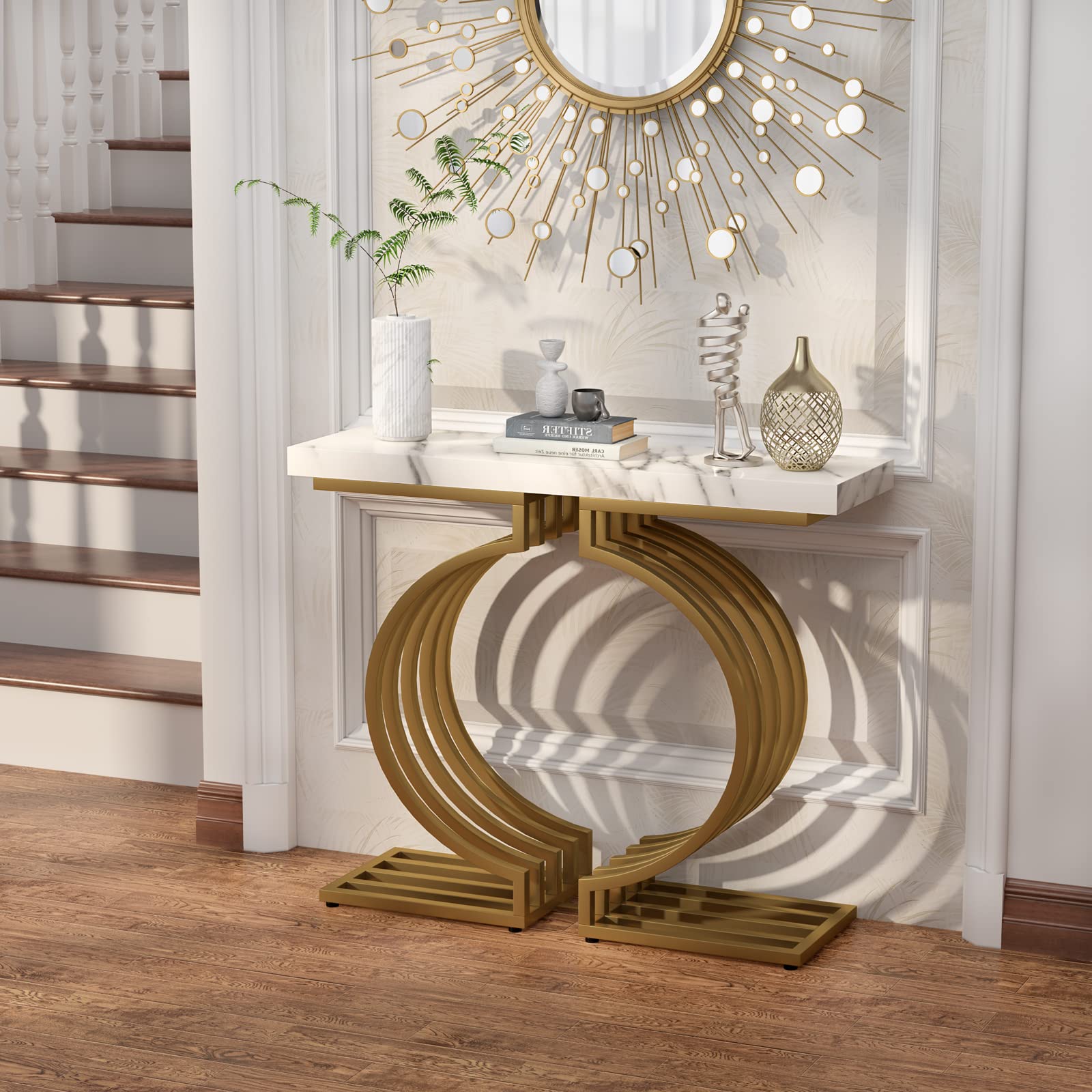 PAKASEPT Console Table for Entryway, Faux Marble Wood Accent Table Foyer Table with Geometric Metal Frame for Living Room, Hallway, Entrance