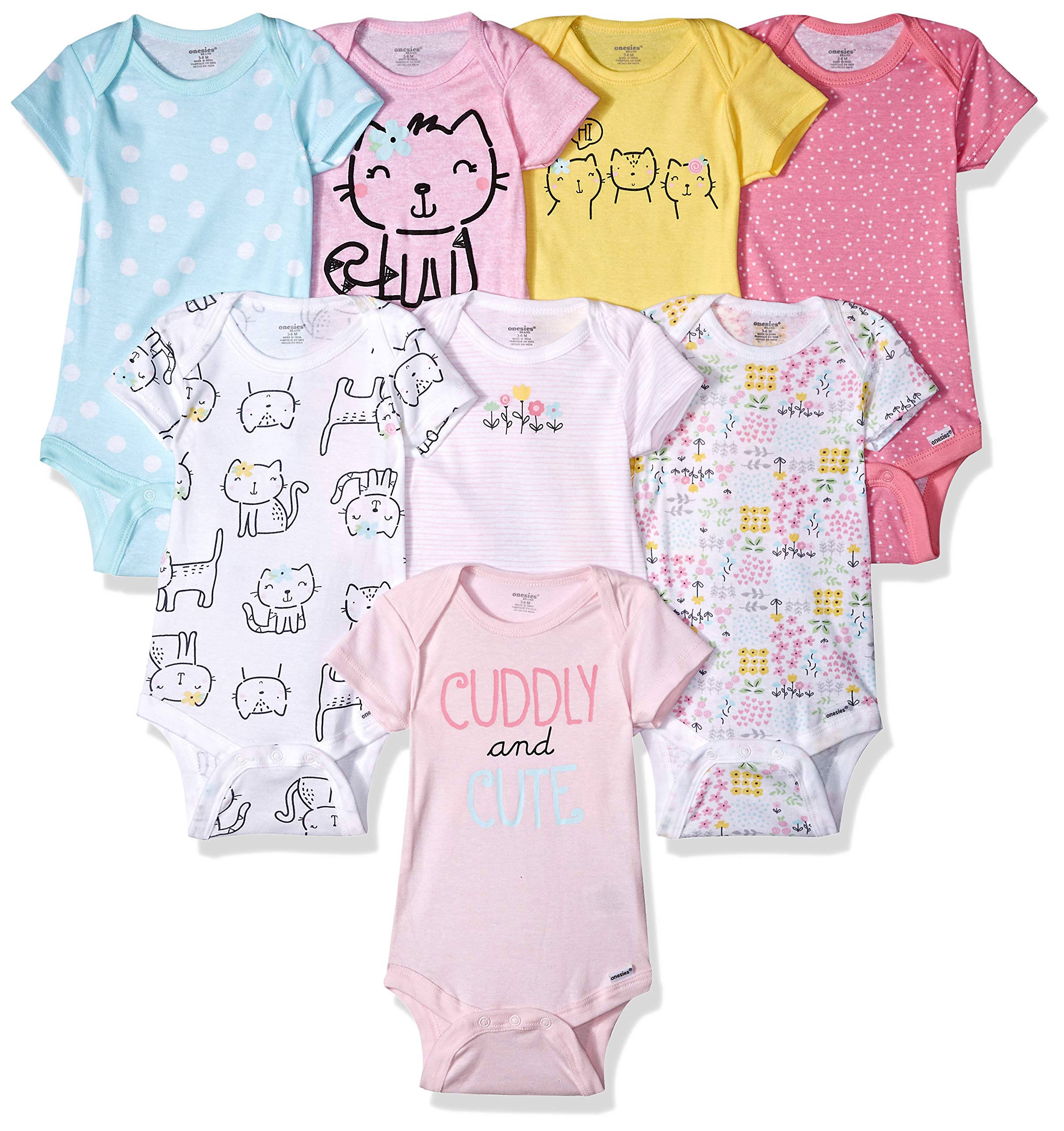 Onesies Brand Baby Girls' 8-Pack Short Sleeve Mix & Match Bodysuits, Cuddly Cats & Flowers, 0-3 Months