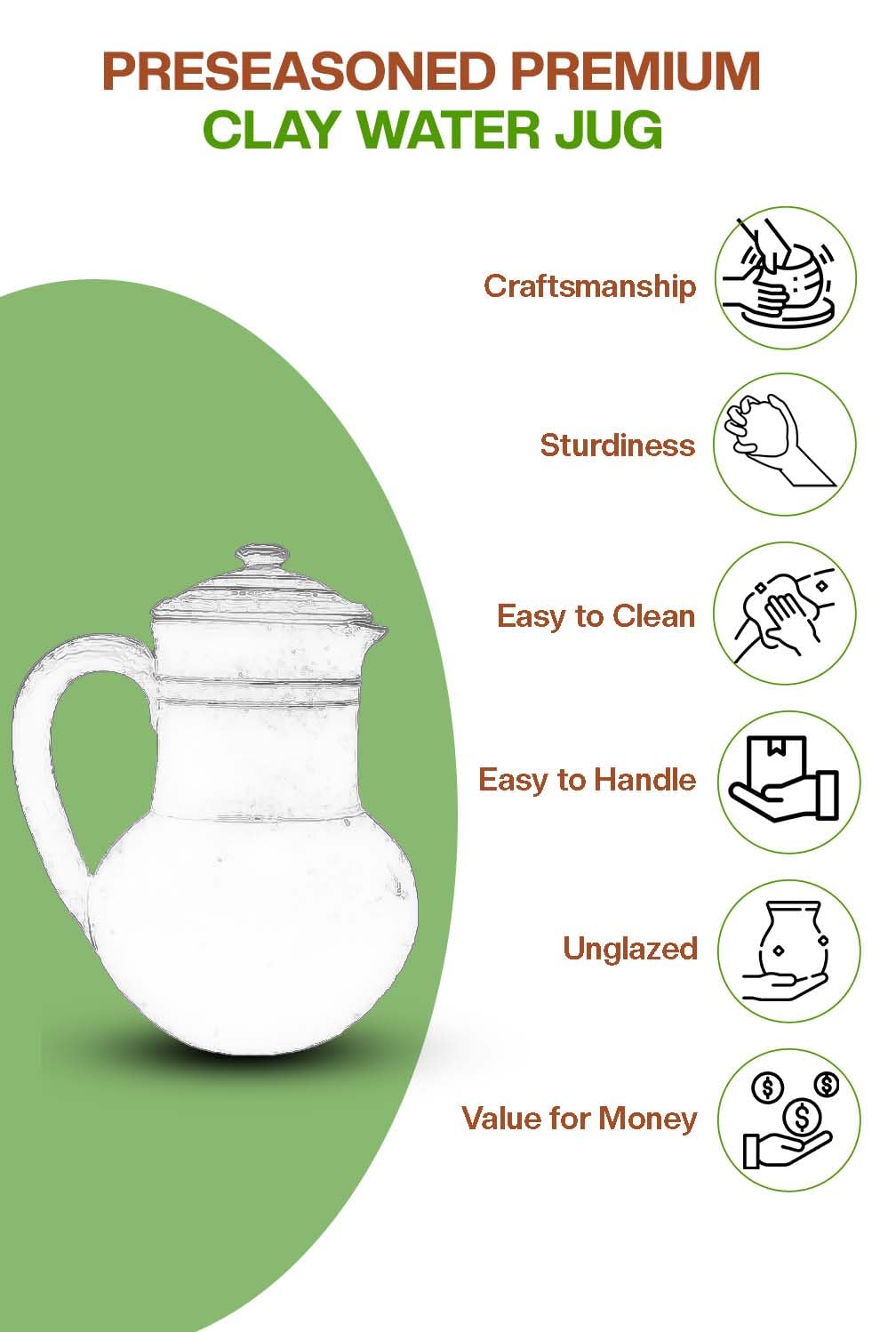 Village Decor Handmade Clay Water Jug With Lid | Carafes Pitcher Capacity 67 oz 2000 ml.