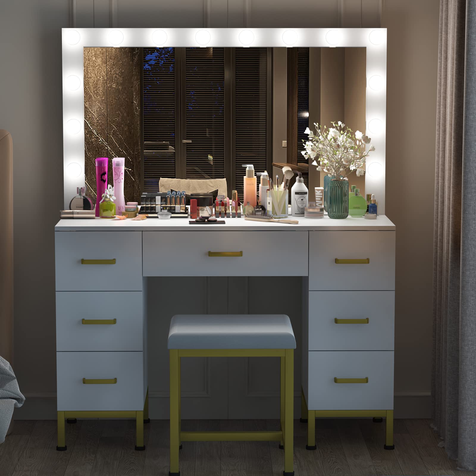 PAKASEPT Modern Makeup Vanity with Lighted Bulbs, 44'' Vanity Desk with Mirror and Lights, 7 Drawers, 14PCS LED Bulbs, Cushioned Stool, Black Vanity for Bedroom
