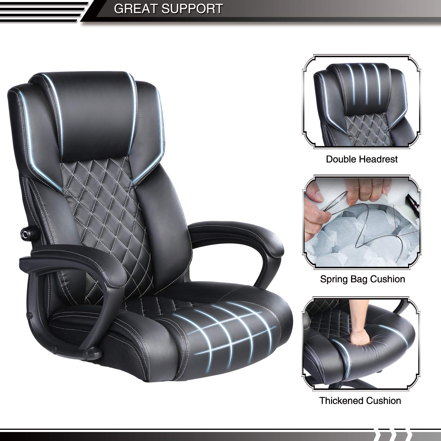 Ptoulemy Big and Tall Office Chair 300lbs Heavy Duty Computer Ergonomic Desk Chair 360 Swivel Task Chair Executive Leather Office Chair with Adjustable Lumbar Support (Black)