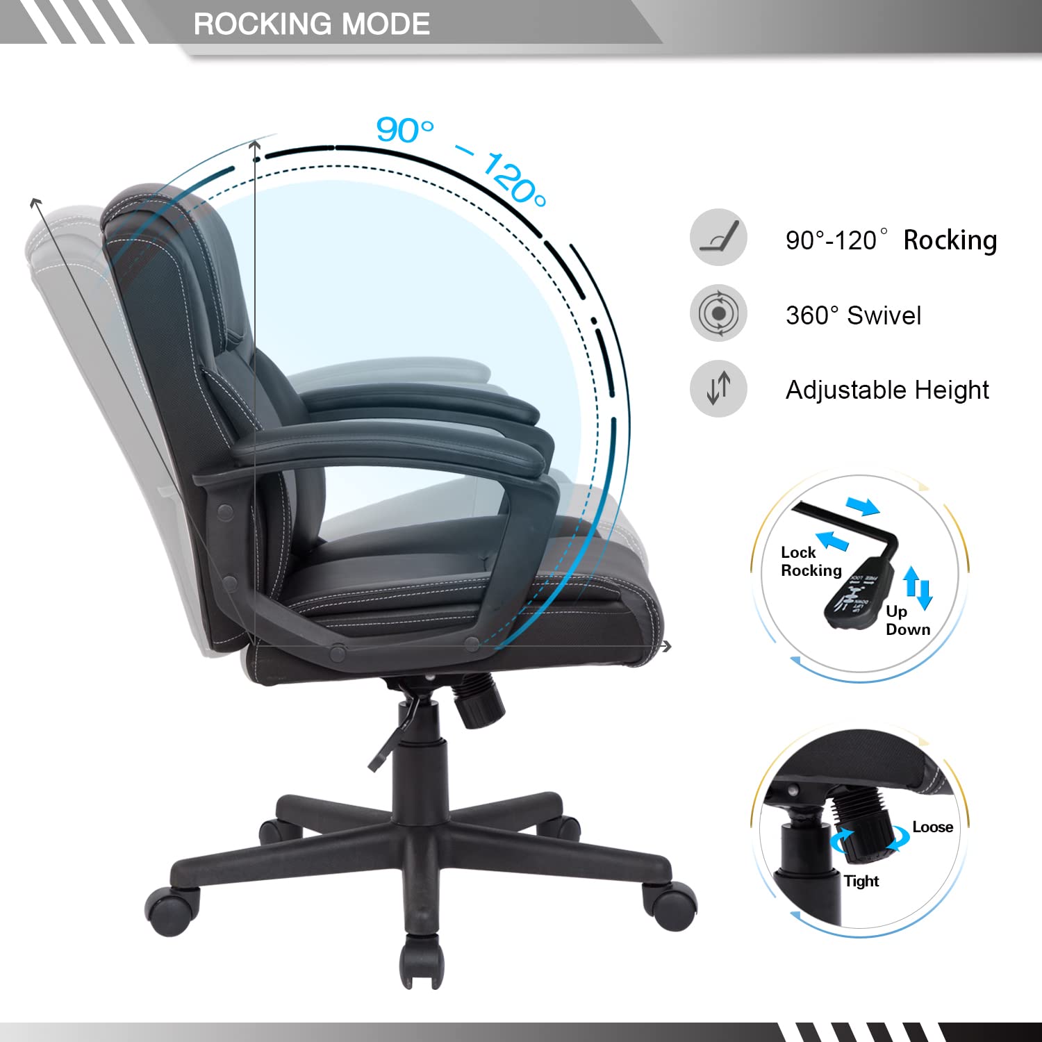 PTOULEMY Office Chair with Spring Cushion Computer Executive Desk Chair 360 Swivel Task Chair with arms PU Leather Ergonomic Chair
