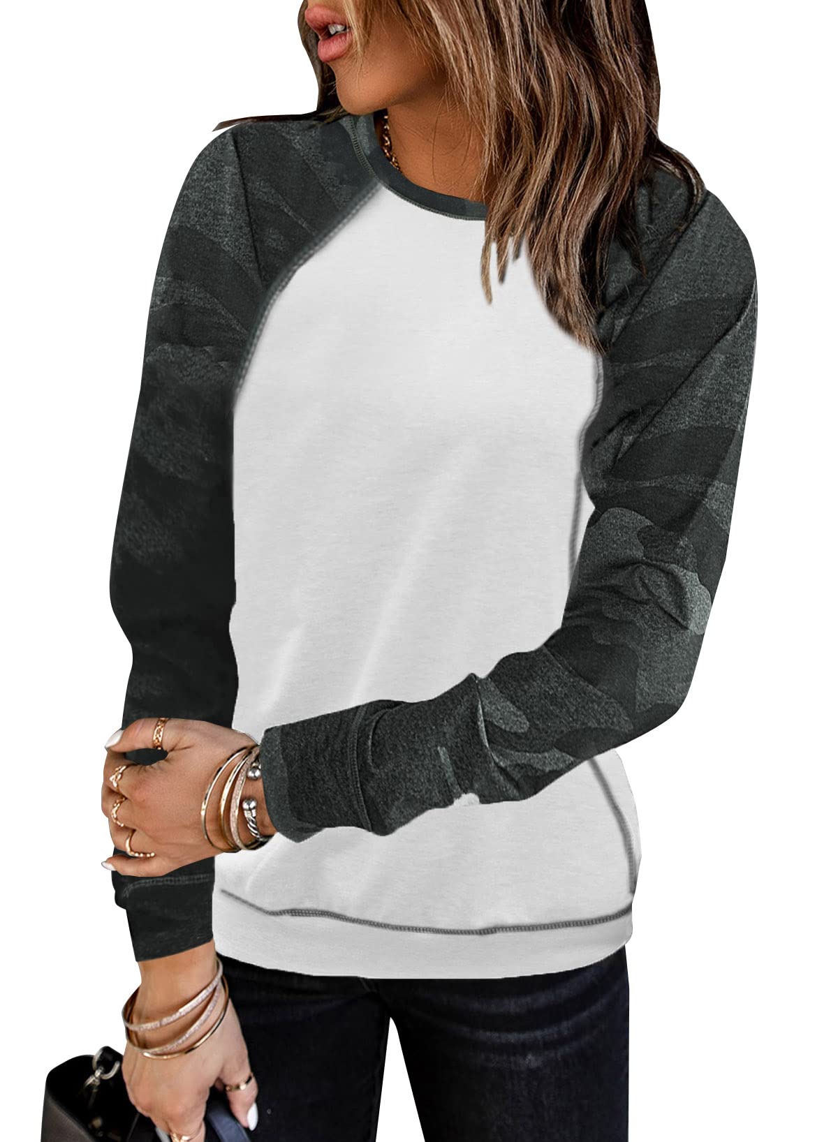 Sidefeel Women Crewneck Pullover Camo Print Sleeve Sweatshirt Jumper Top Small White