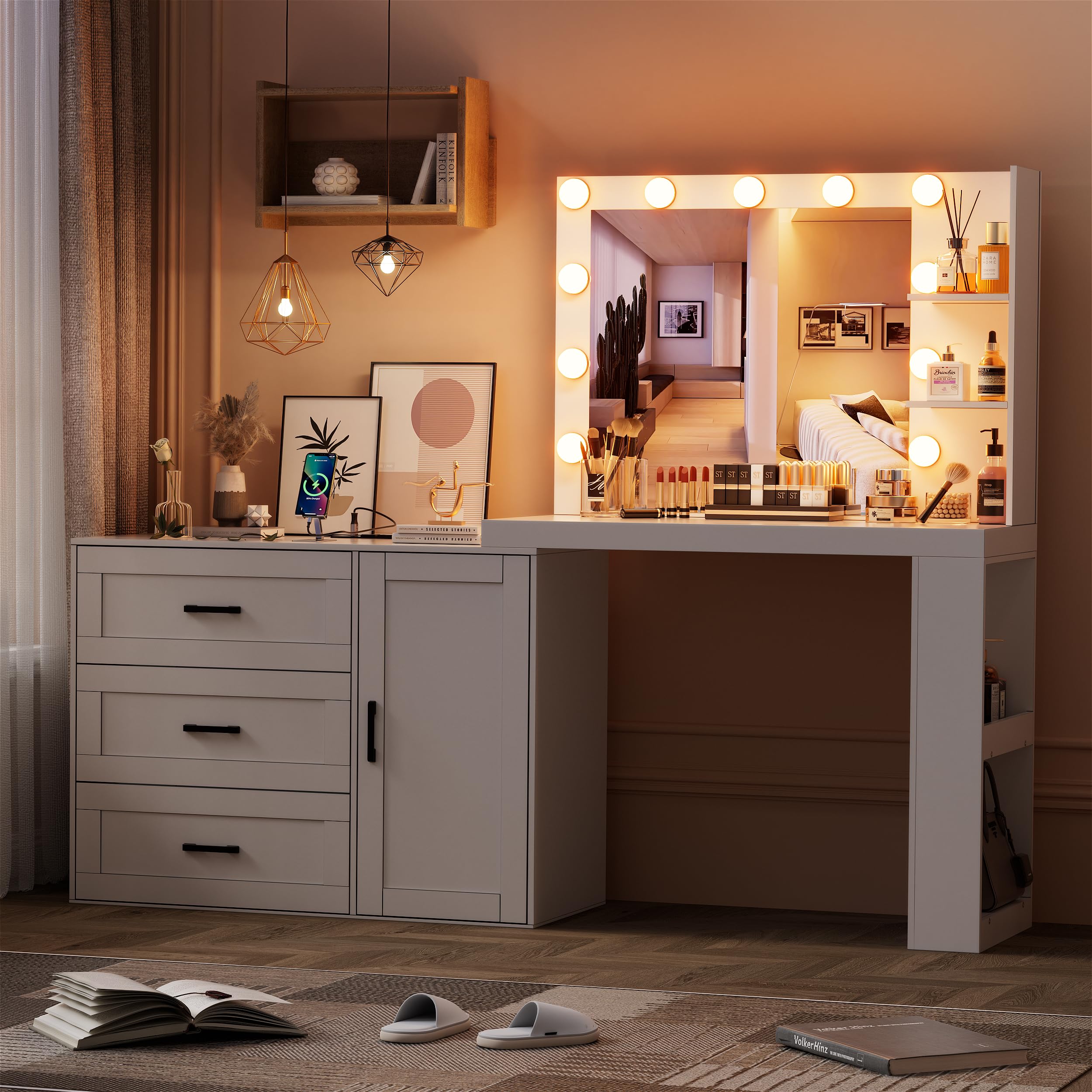 PAKASEPT Vanity Set with Lighted Mirror, Large Makeup Vanity Desk Dressing Table with LED Lights, 5 Drawers, Storage Shelves