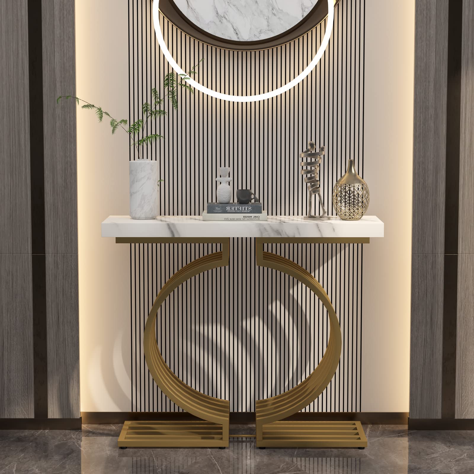 PAKASEPT Console Table for Entryway, Faux Marble Wood Accent Table Foyer Table with Geometric Metal Frame for Living Room, Hallway, Entrance