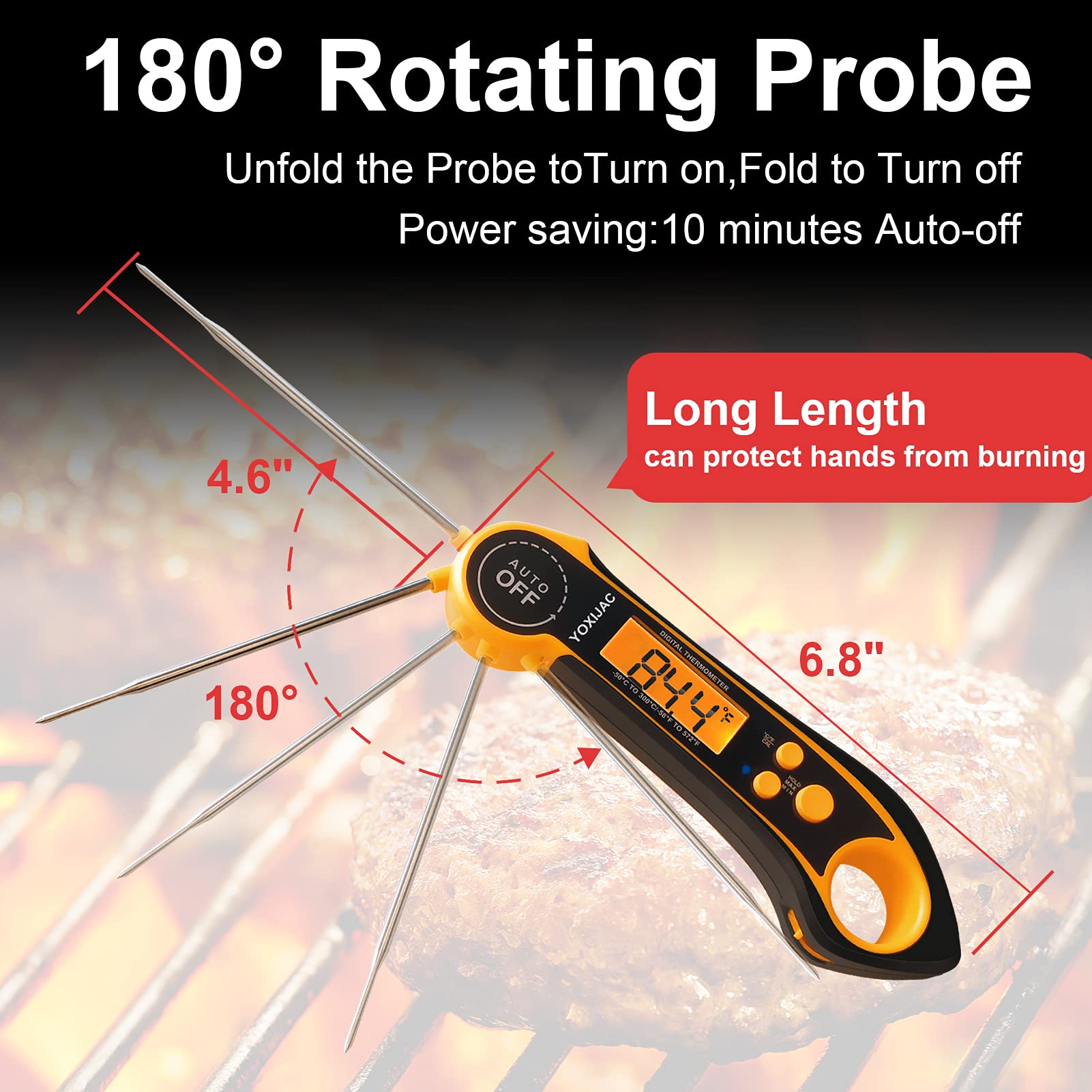 YOXIJAC Instant Read Meat Thermometers for Cooking Waterproof Digital Food Thermometer for Grill BBQ Candy Thermometer with Backlight, Magnet, Calibration, and Long Foldable Probe Thermometer