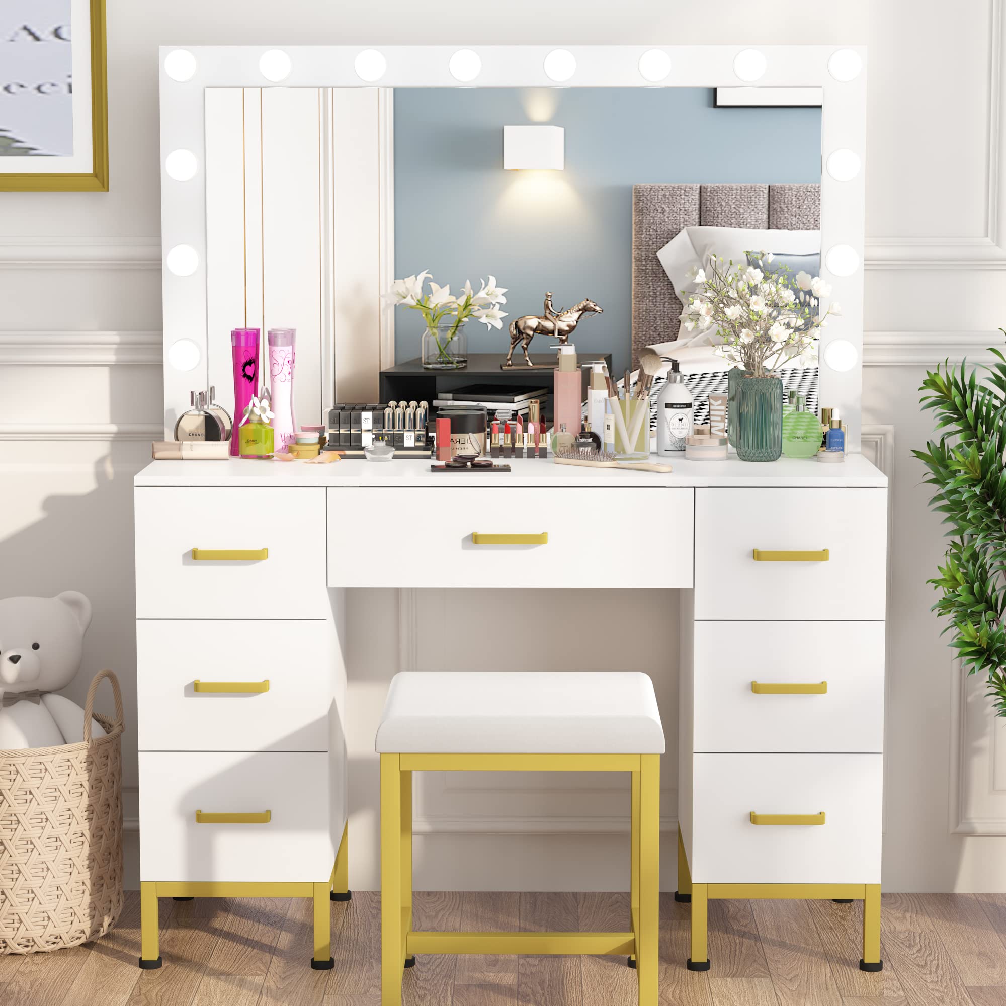 PAKASEPT Modern Makeup Vanity with Lighted Bulbs, 44'' Vanity Desk with Mirror and Lights, 7 Drawers, 14PCS LED Bulbs, Cushioned Stool, Black Vanity for Bedroom