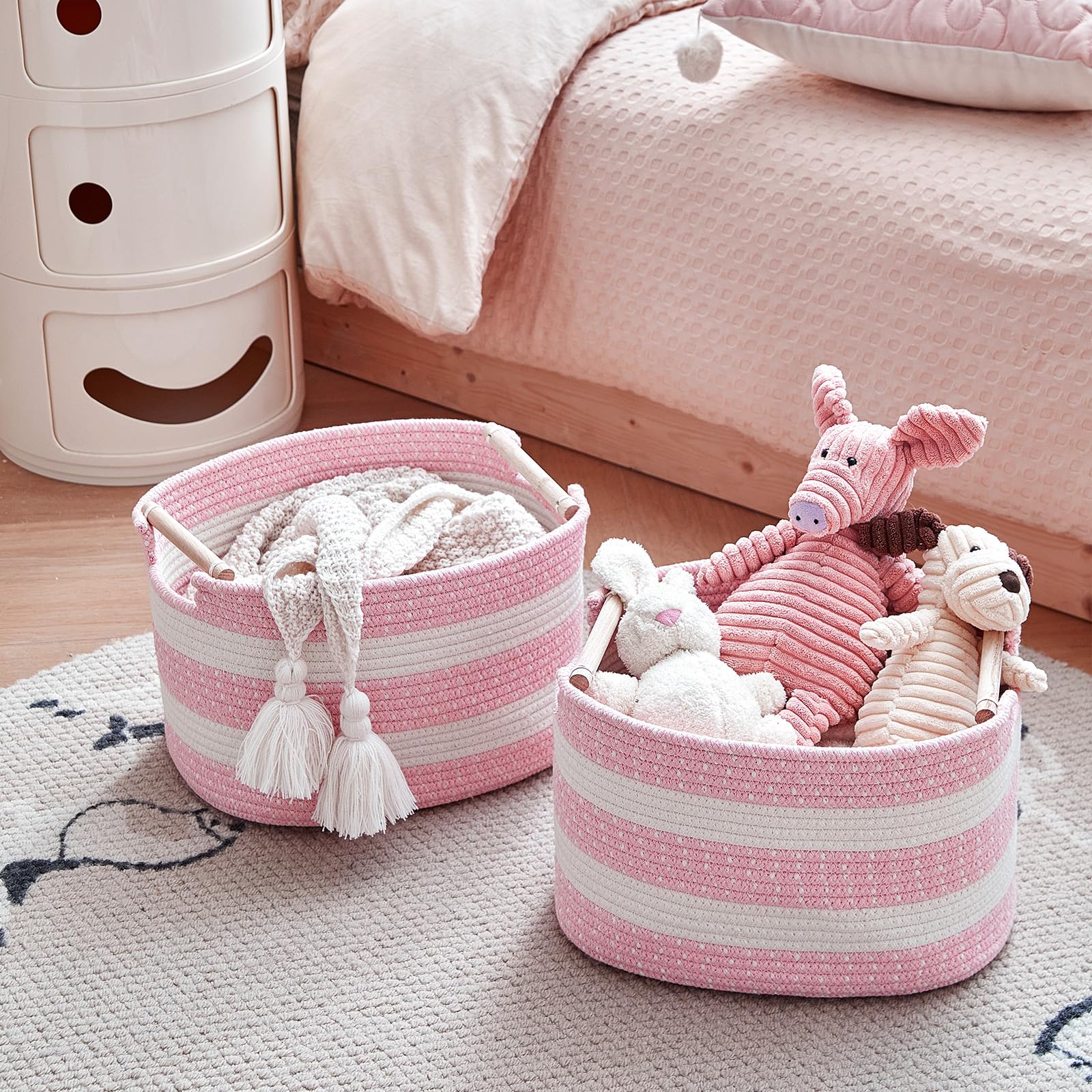 R RUNKA 3 Pack Storage Basket for Cabinet and Toy Organization - 13"x9.8"x8.7" Pink Baskets for Girls - Baby Toy Bin - Toy Storage Organizer - Ideal for Empty Gift Baskets to Fill -White & Pink