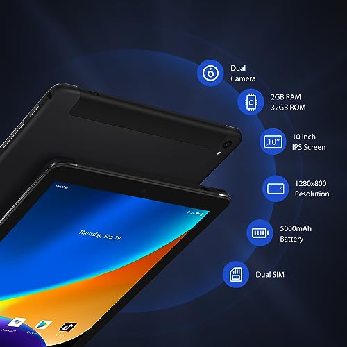 YOTOPT 10 Inch Android 3G Phone Tablets, 32GB ROM, 256GB Expand, Dual Sim Card, Quad Core, WiFi, Bluetooth, GPS, FM, Dual Camera, IPS HD Touch Screen, Support 3G Phone Call Tableta (Black)