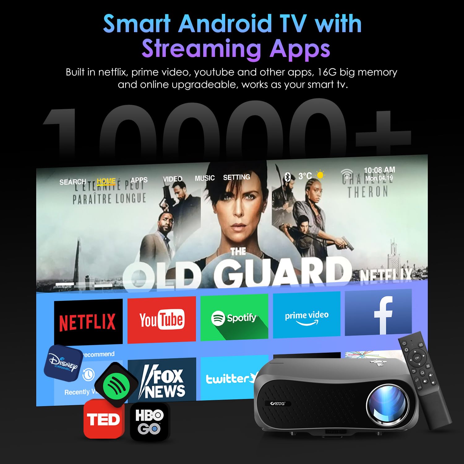 Smart 4K Daylight Projector 1000 ANSI, 5G WiFi Projector Native 1080P Bluetooth HDMI USB Apps YouTube NetFlix, 4D Keystone Zoom Ceiling 200” for Home Theater Gaming Outdoor Movie TV Stick PC DVD PS5