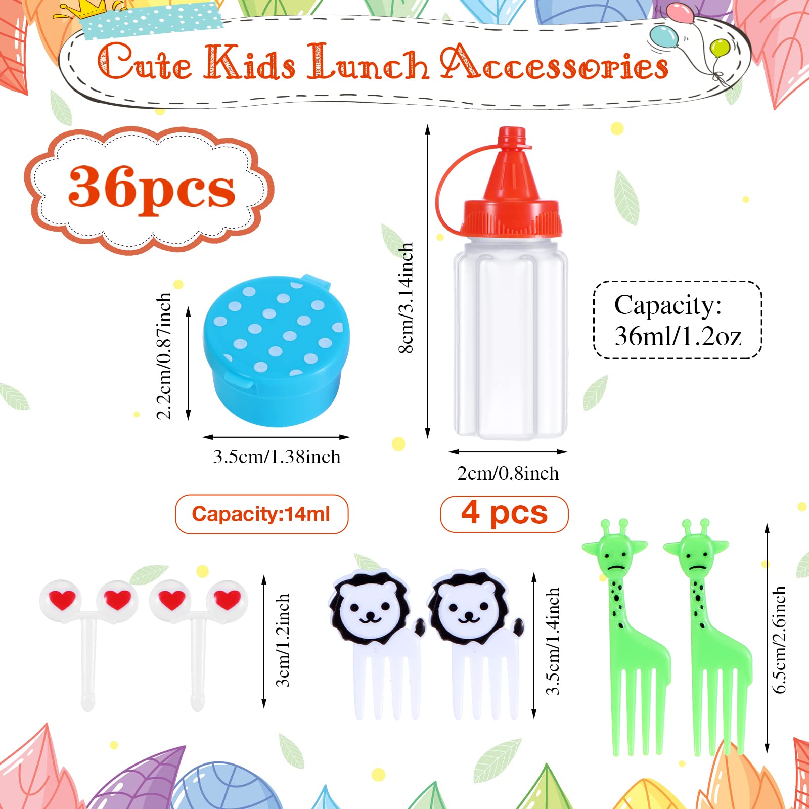 Zubebe 36 Animal Food Picks for Kids 8 Mini Condiment Bottles Ketchup Squeeze Bottle 4 Sauce Container Lunch Bento Box Accessories