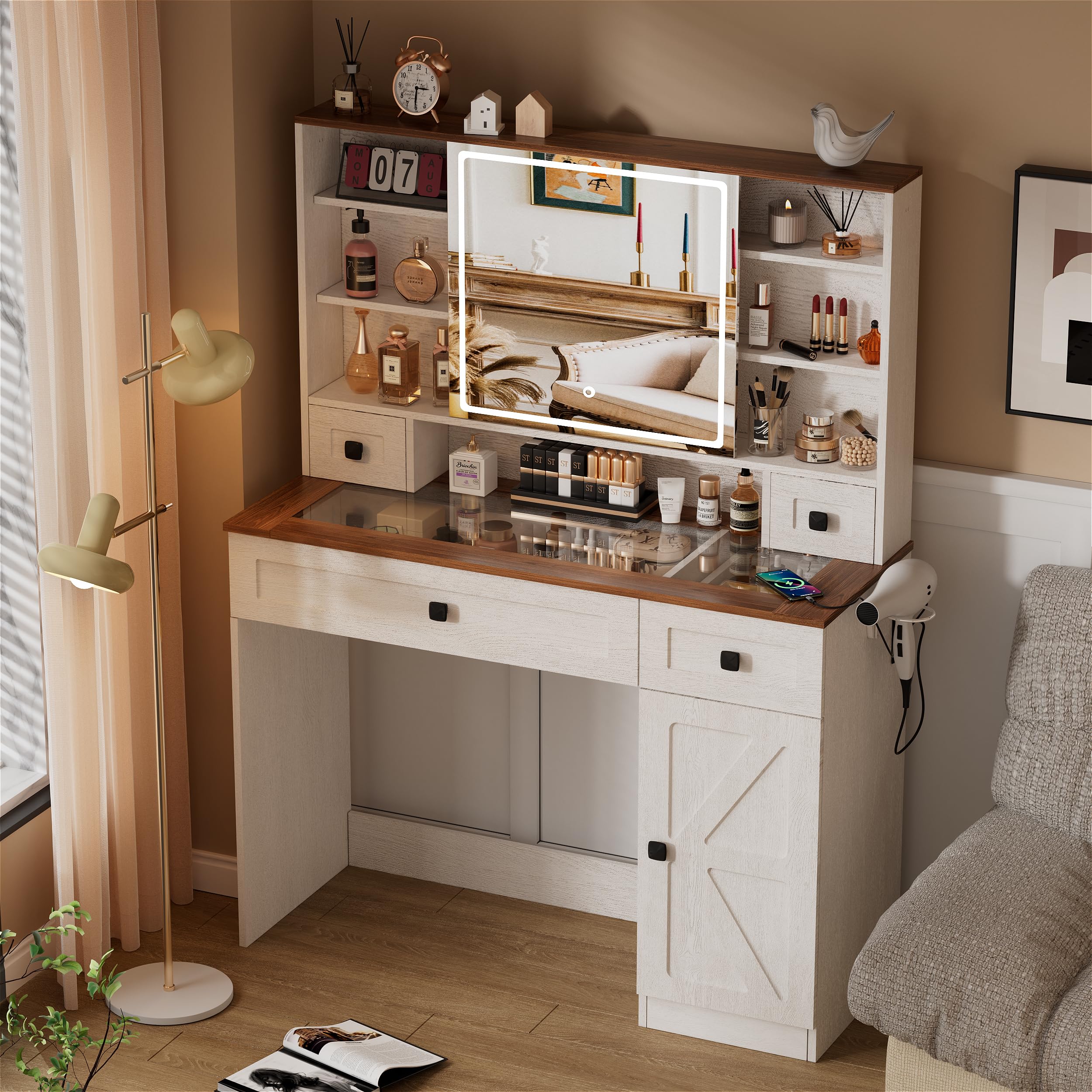 PAKASEPT Vanity Set with Lighted Mirror, Makeup Vanity Dressing Table with 3-Color Lights, Drawers, Storage Shelves and Cushioned Stool, Small Vanity Desk for Bedroom