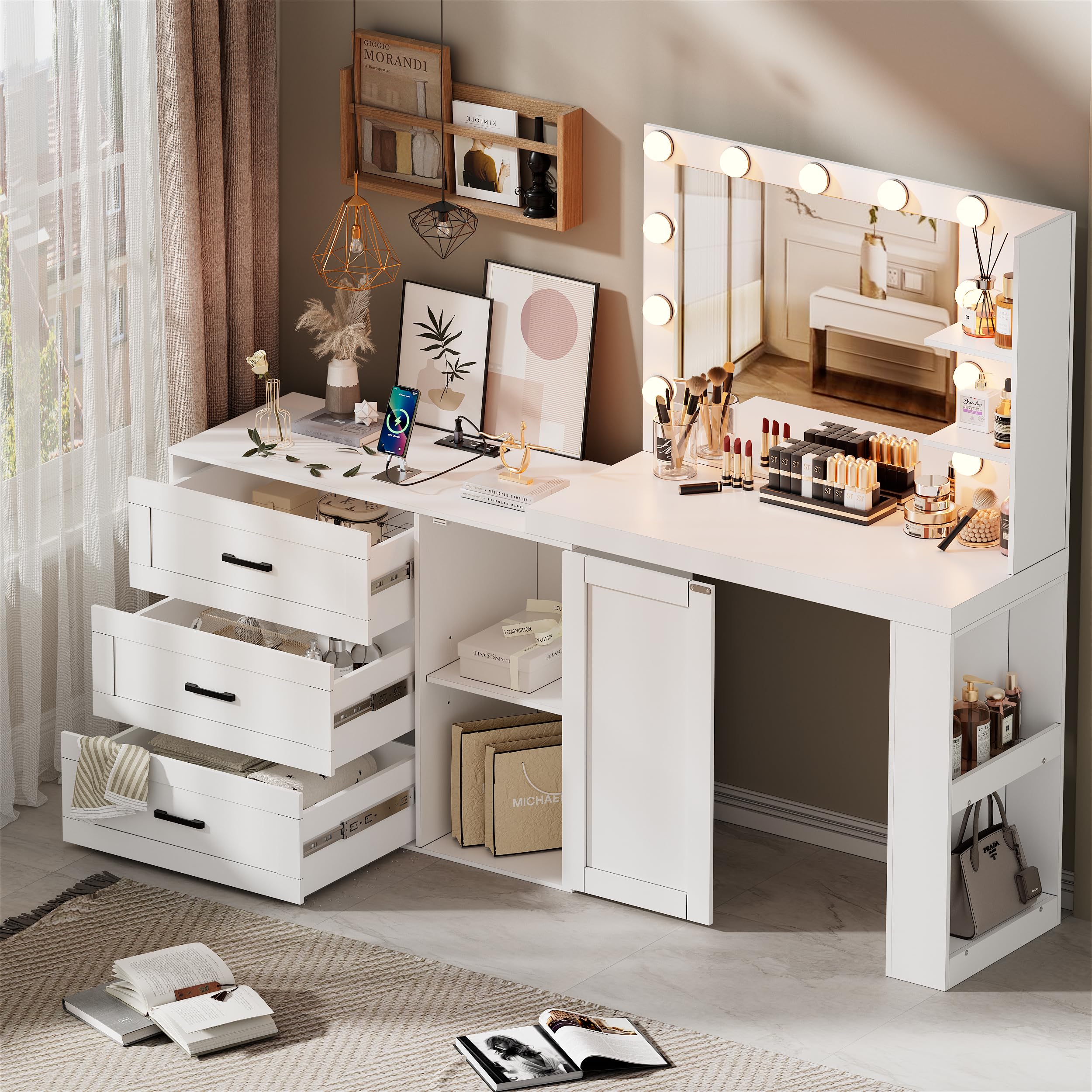 PAKASEPT Vanity Set with Lighted Mirror, Large Makeup Vanity Desk Dressing Table with LED Lights, 5 Drawers, Storage Shelves