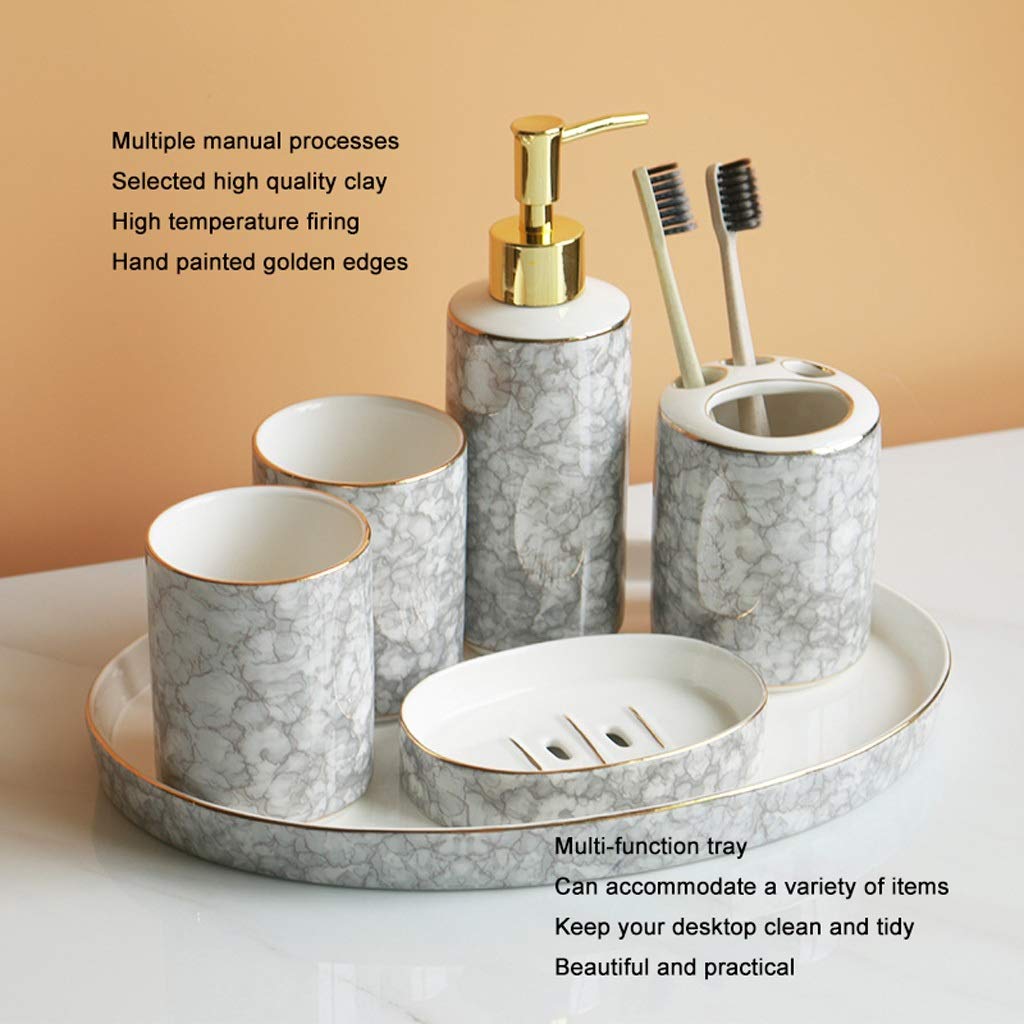 Soap Dispenser Creative Home 6-Piece Accessories Set Including Soap Soap Dispenser Toothbrush Holder Soap Dish Mug and Ceramic Practical Tray Fashion Home Decoration Gift Soap Dispen (Brown B)