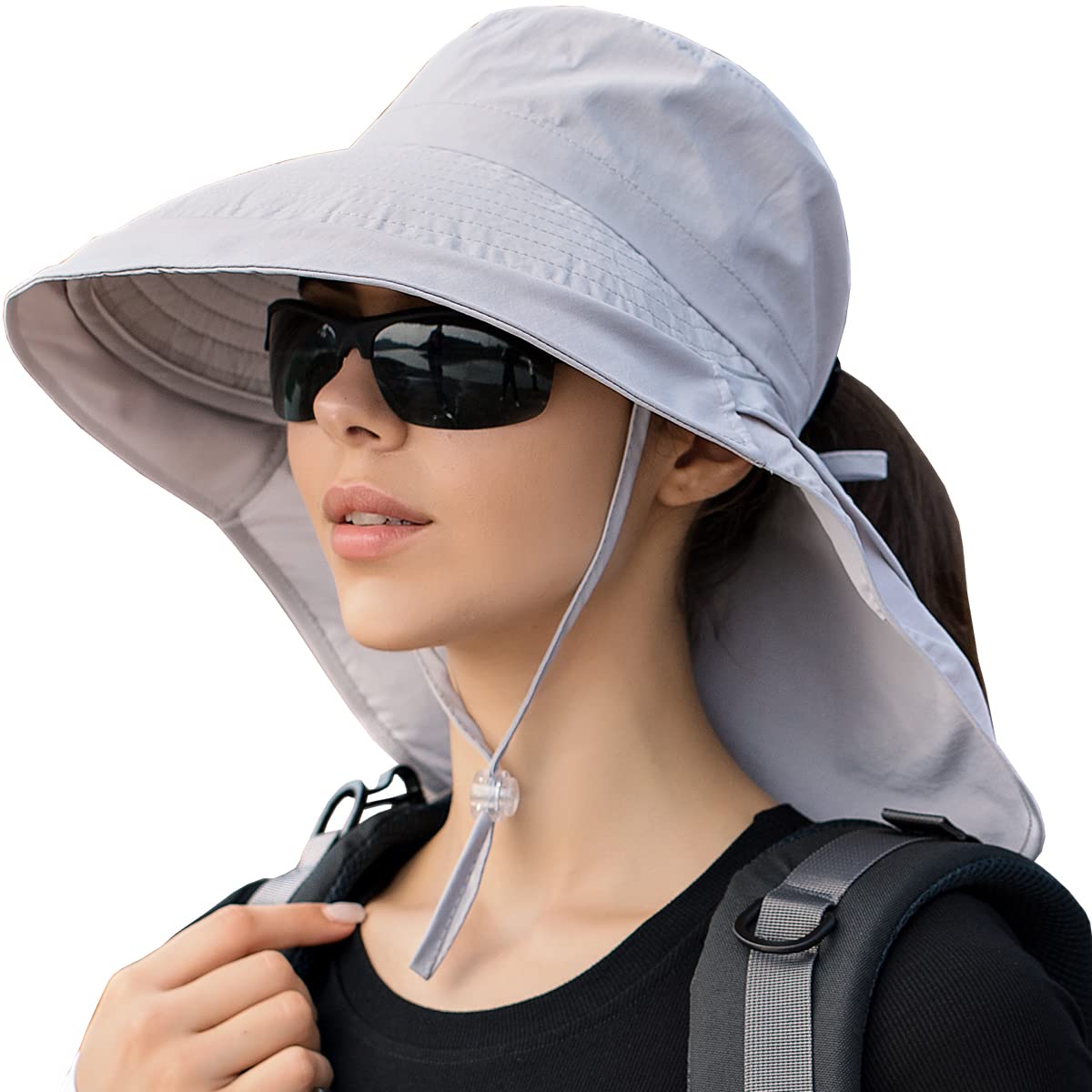 ZEXIAN Womens Sun Hat UPF 50+ Wide Brim and Ponytail Hole, Hiking Safari Hat with Neck Flap (Light Gray)