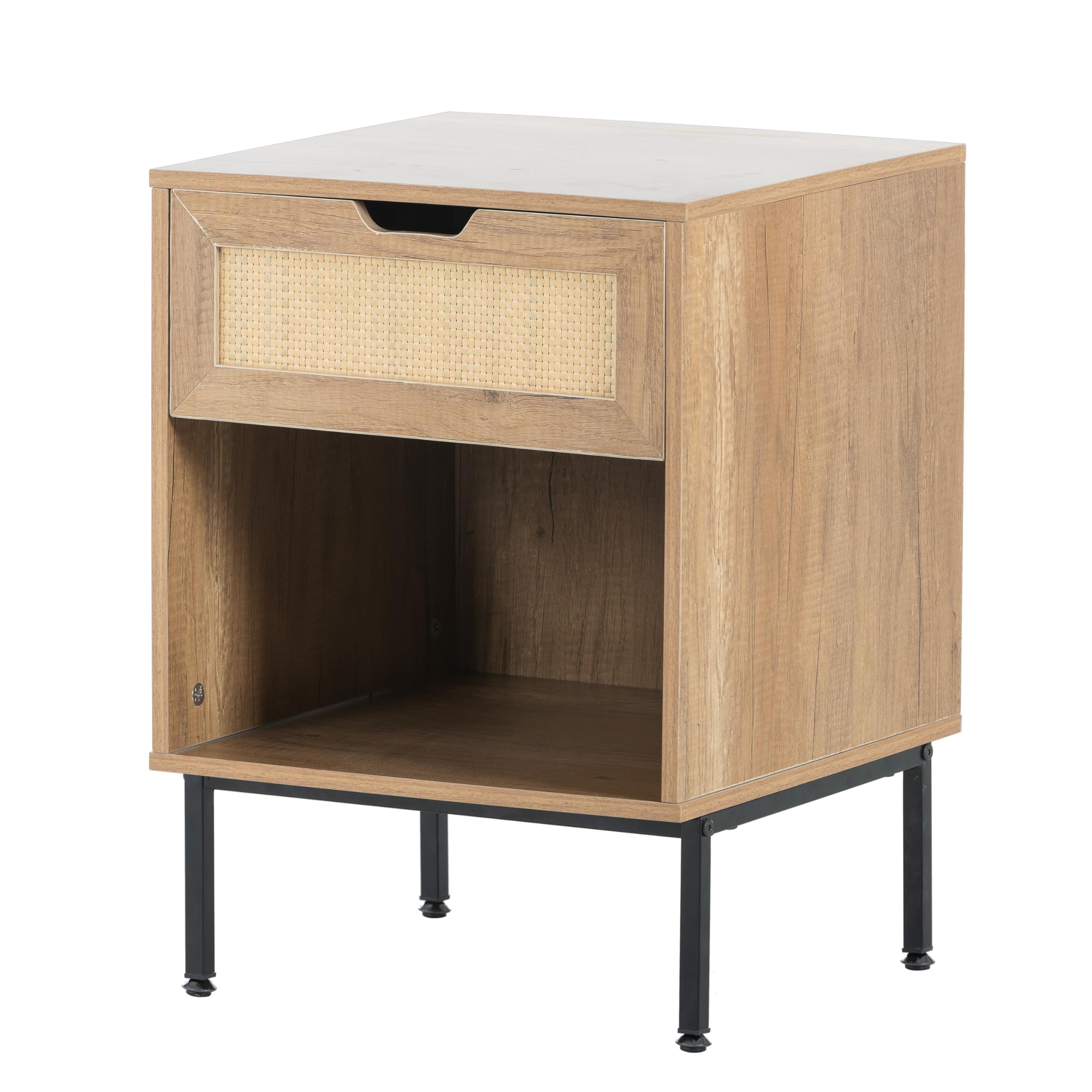 Rattan Nightstand Set of 2 Farmhouse 2 Layer Side Table Wood End Table Multifunction Bedside Table with Drawer & Adjustable Metal Legs for Bedroom Living Room