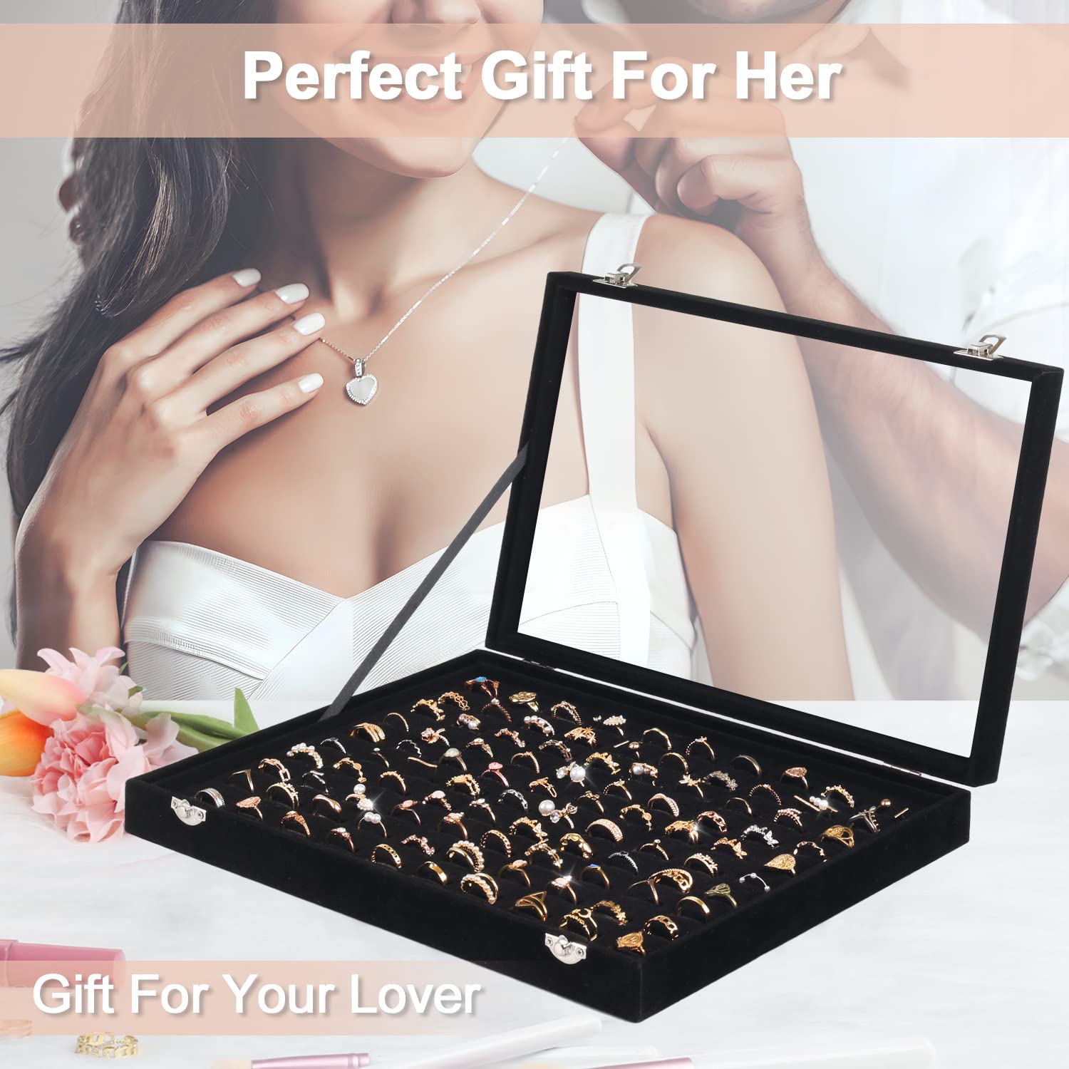 Ring Organizer for Jewelry, Ring Holder Box with Clear Lid, Dustproof Velvet Rings Display Tray Storage Case, 100 Slot Glass Top Jewelry Tray Drawer Insert for Multiple Rings Studs Earring (Black)