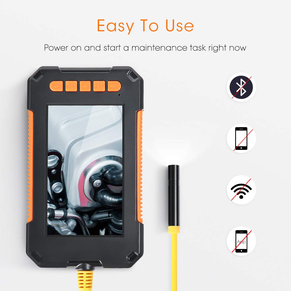 Ragu Endoscope Camera, 1080P HD Borescope 4.3” LCD Screen Inspection Camera IP67 Waterproof Industrial Endoscope with 8 Dimmable LEDs 16.4ft Semi-Rigid Cord