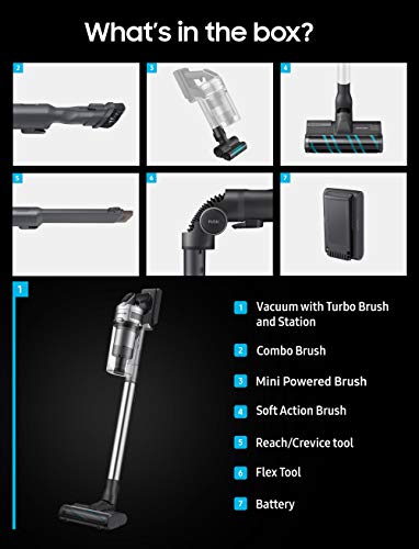 Samsung Jet 90 Cordless Stick Vacuum Long Lasting Battery and 200 Air Watt Suction Power, Complete with Telescopic Pipe, Titan Silver